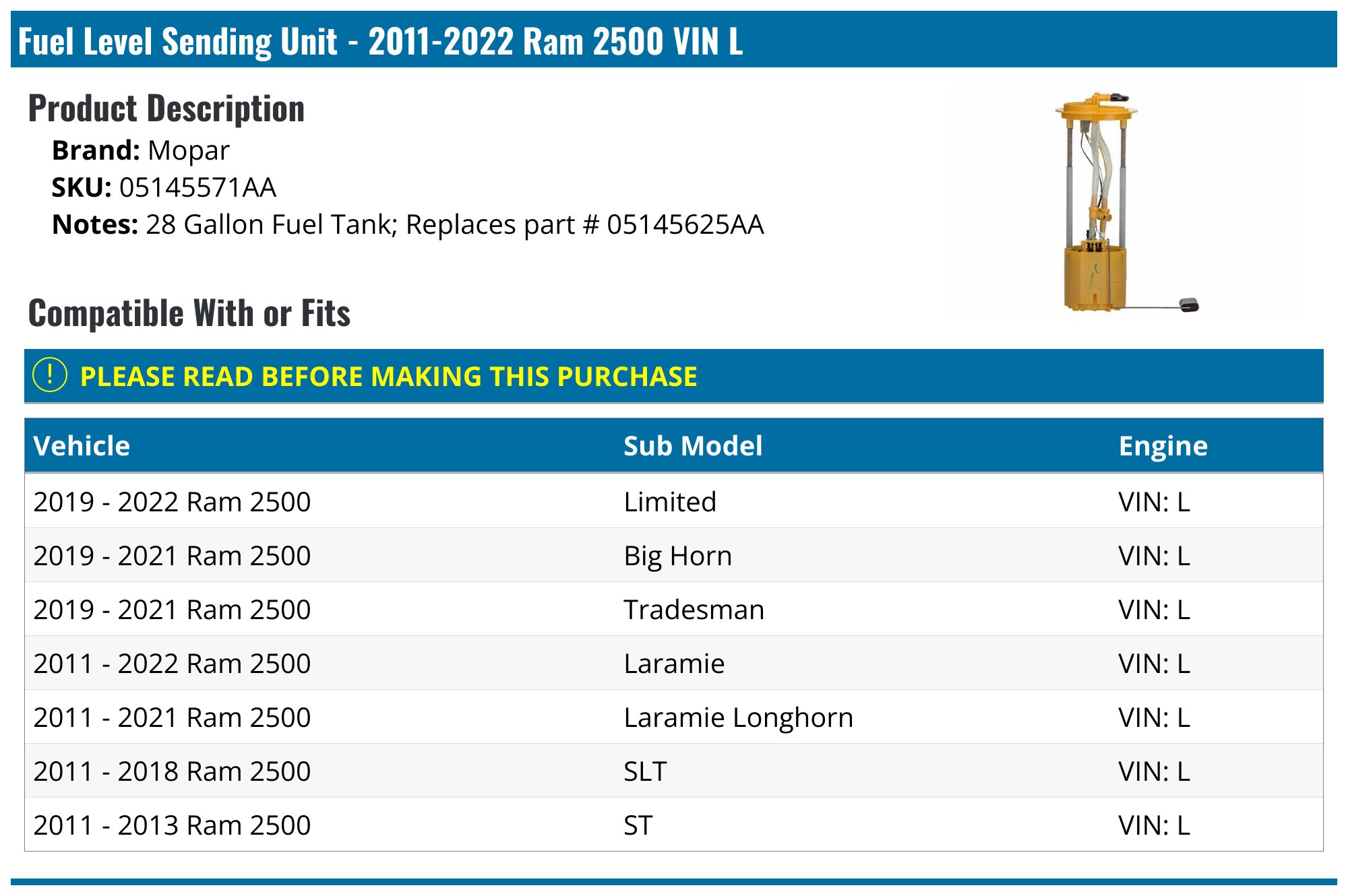 2011-2022 Ram 2500 Fuel Tank Sending Unit - Mopar 05145571AA ...