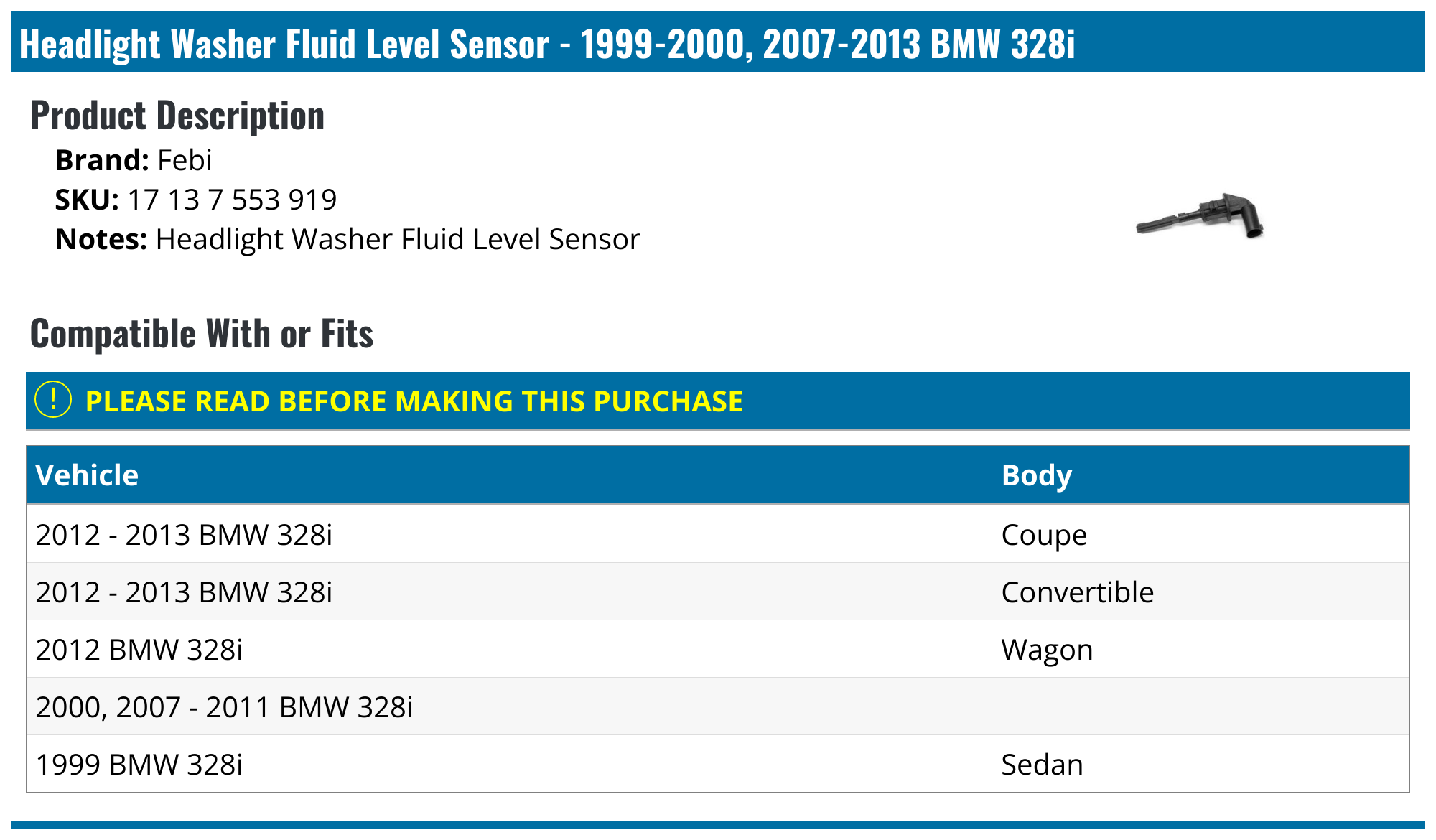 1999-2000, 2007-2013 BMW 328i Headlight Washer Fluid Level Sensor ...