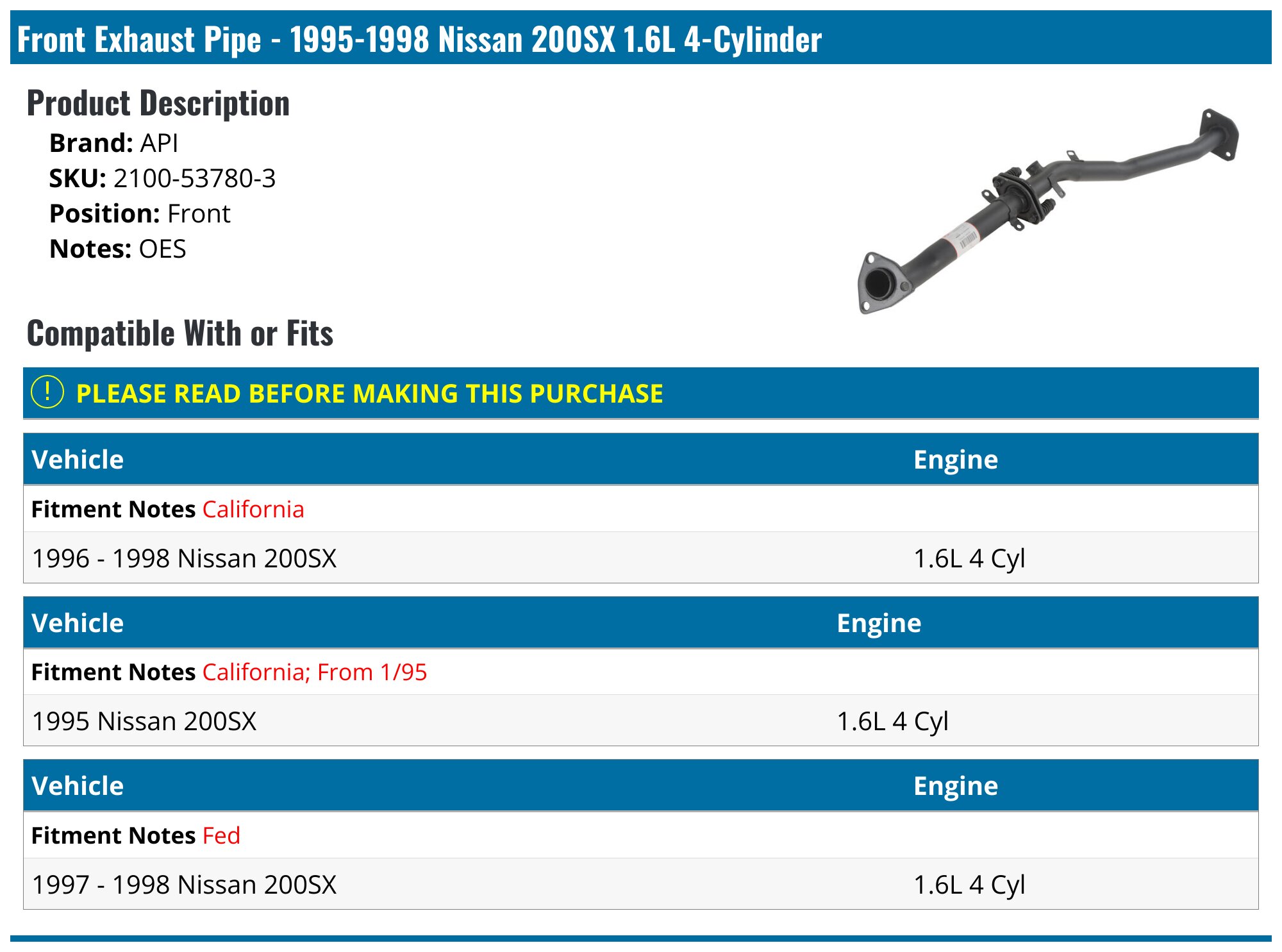 1995-1998 Nissan 200SX Exhaust Pipe - API 6616-07575176 - Front ...