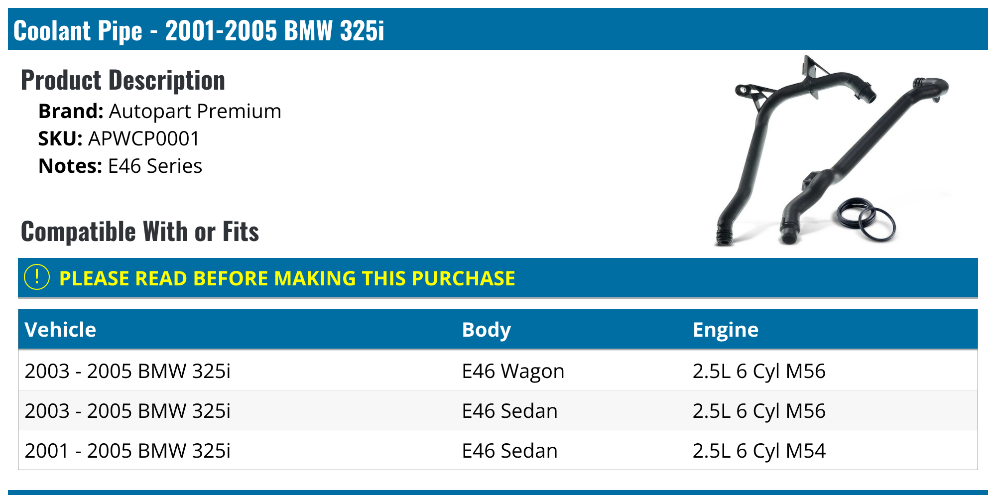 2001-2005 BMW 325i Coolant Pipe - Autopart Premium APWCP0001 ...