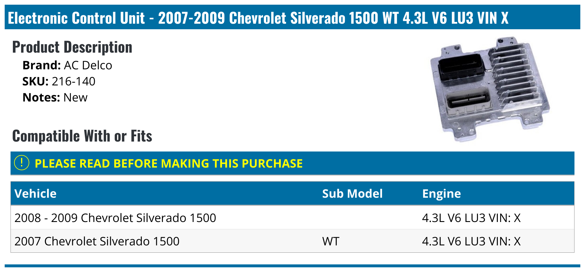 2007-2009 Chevrolet Silverado 1500 Electronic Control Unit - AC Delco ...