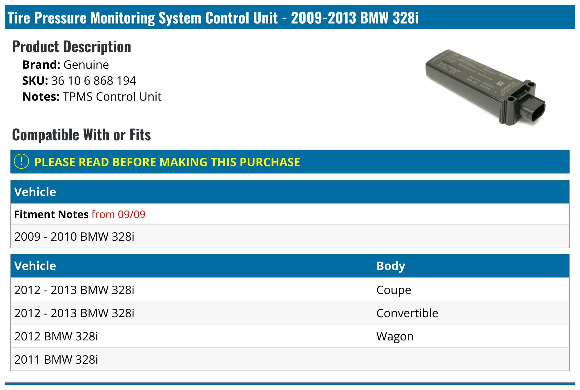 2009-2013 BMW 328i Tire Pressure Monitoring Sensor - Genuine 36 10 6 ...