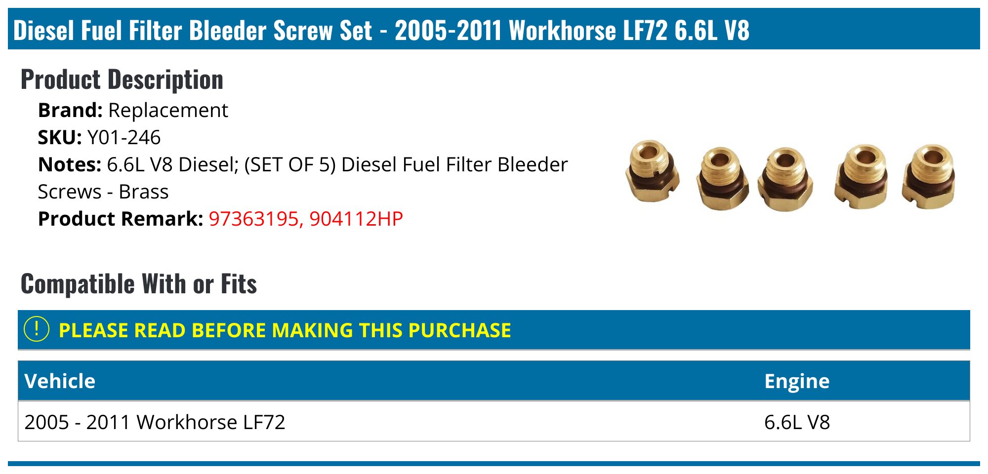 2005-2011 Workhorse LF72 Diesel Fuel Filter Bleeder Screw - Replacement ...