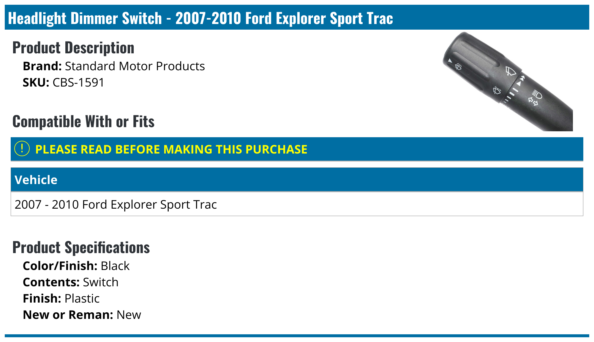 2007-2010 Ford Explorer Sport Trac Headlight Dimmer Switch - Standard ...