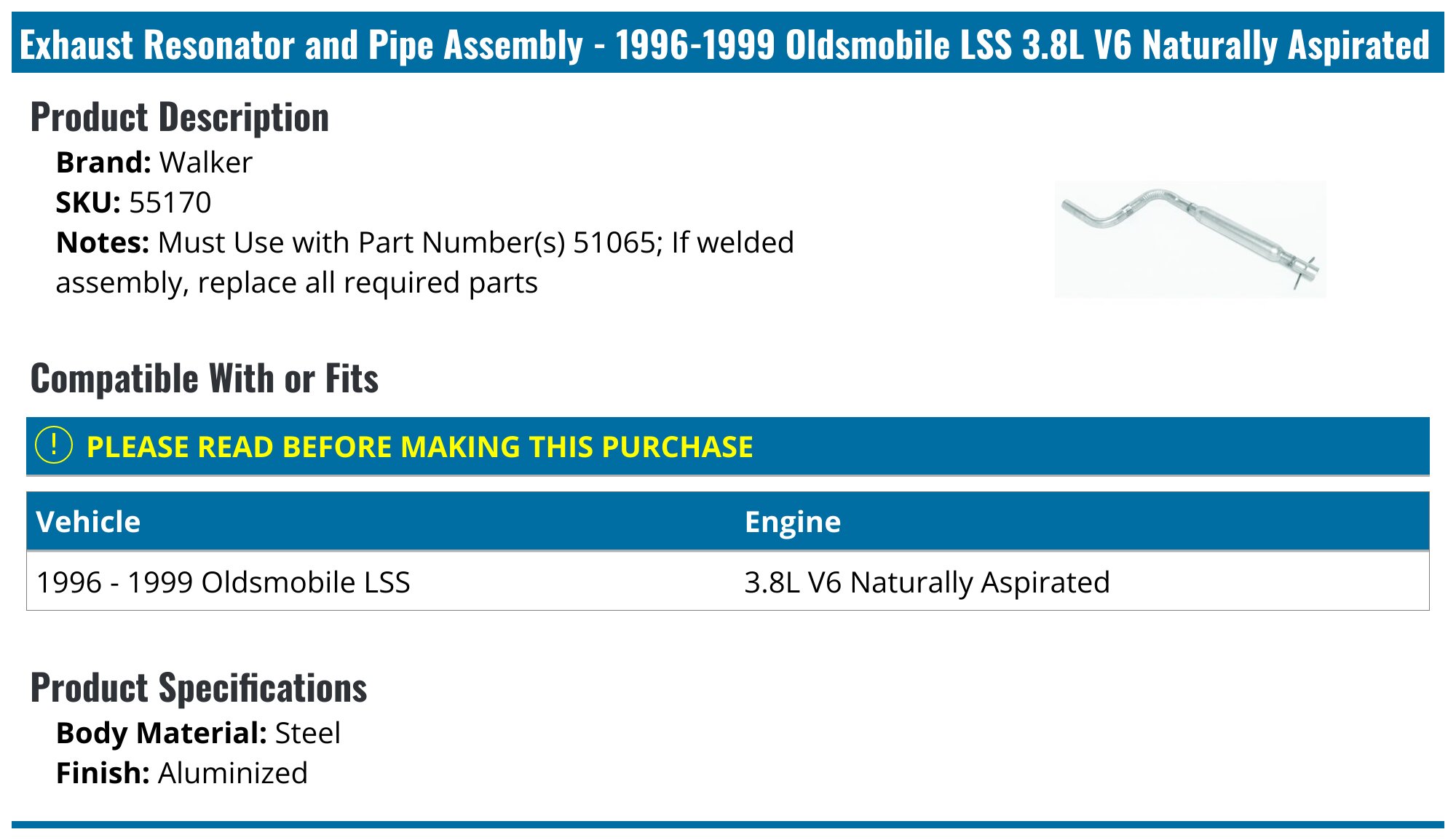 1996-1999 Oldsmobile LSS Exhaust Resonator - Walker 55170 - PartsGeek.com