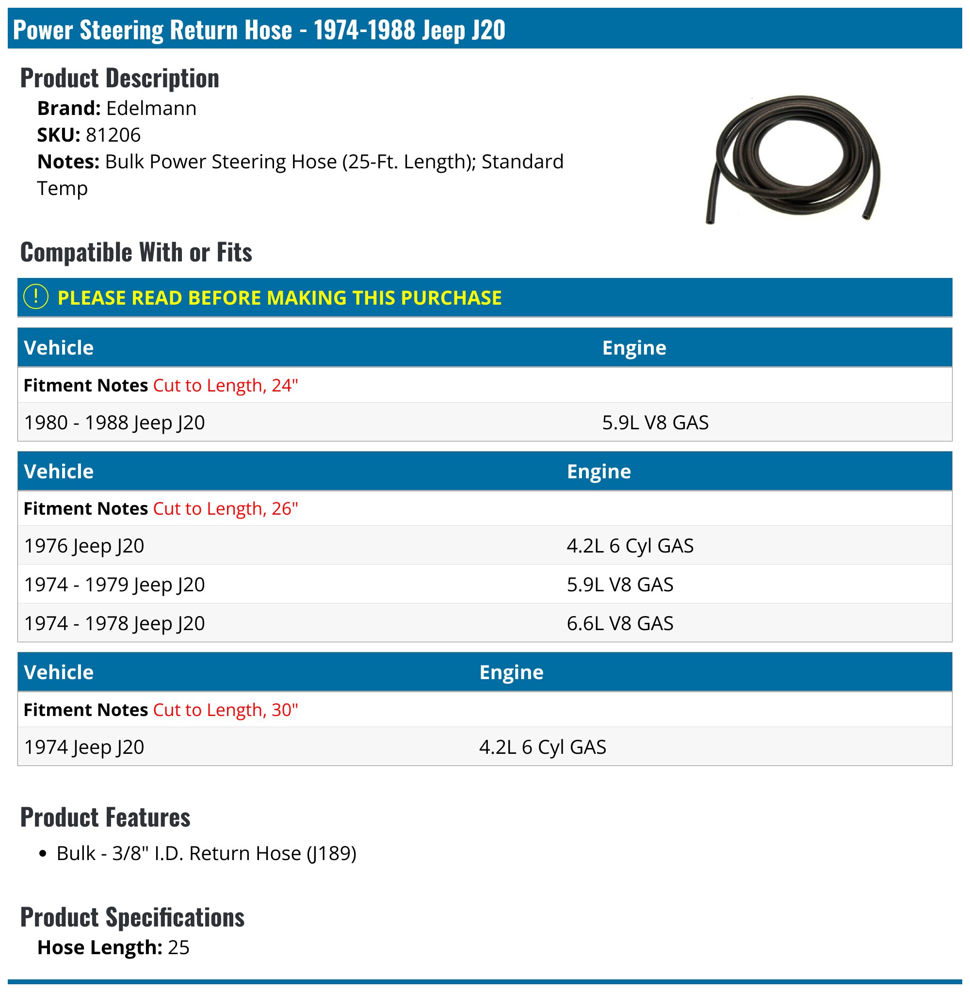 1974-1988 Jeep J20 Power Steering Return Hose - Edelmann 81206 ...