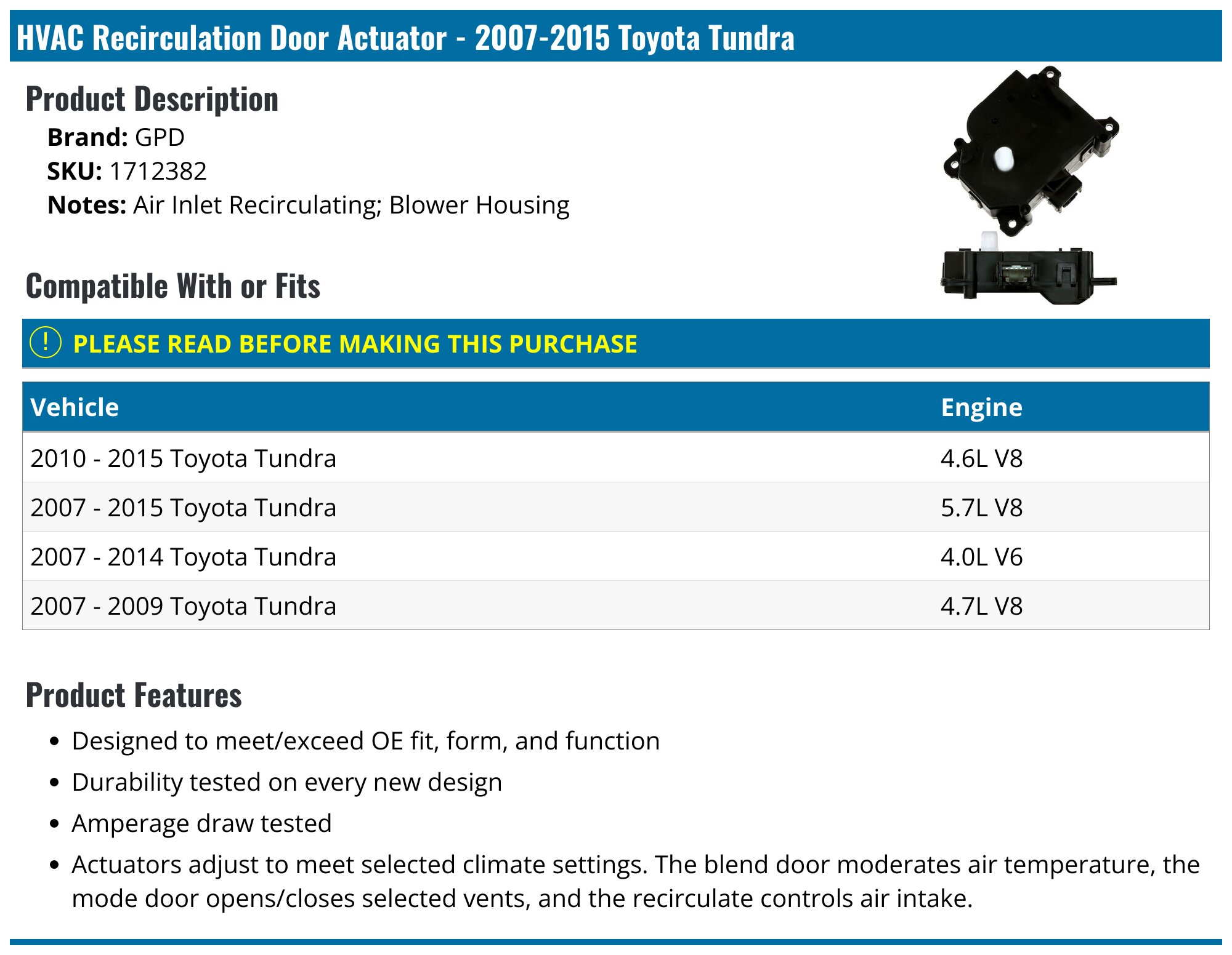 2007-2015 Toyota Tundra HVAC Recirculation Door Actuator - GPD 1712382 ...