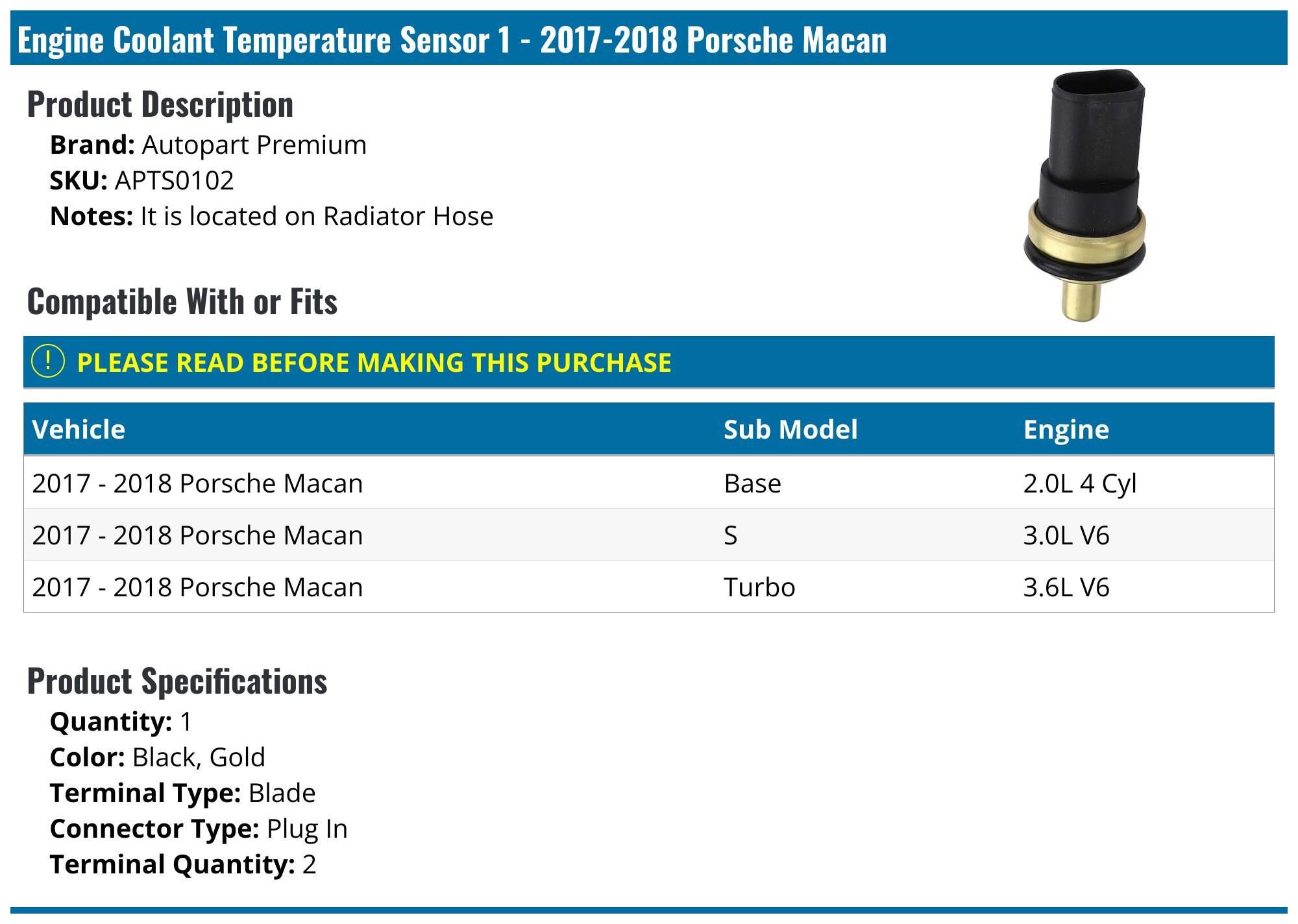 2017-2018 Porsche Macan Engine Coolant Temperature Sensor - Autopart ...