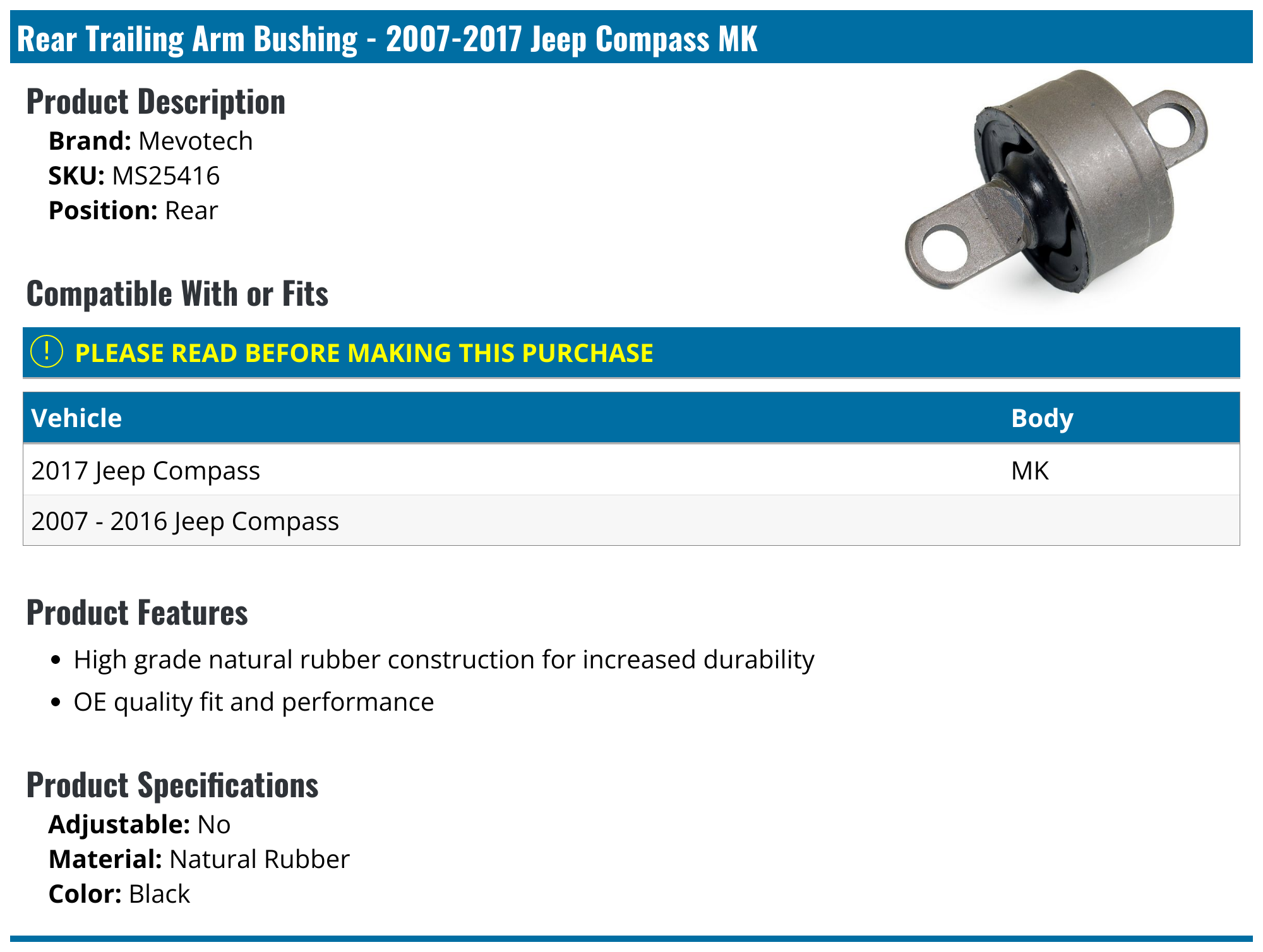 2007-2017 Jeep Compass Trailing Arm Bushing - Mevotech MS25416 - Rear ...