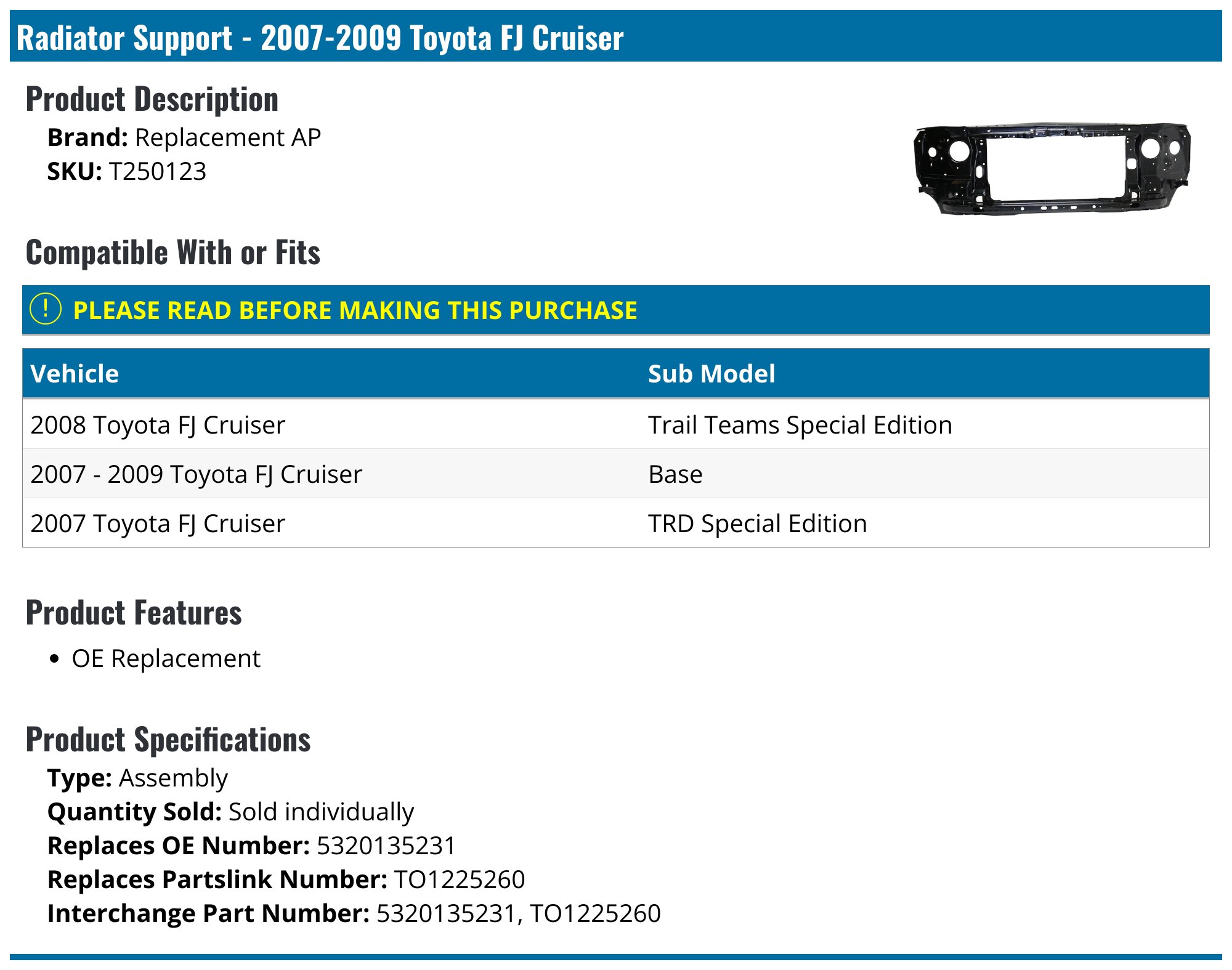 2007-2009 Toyota FJ Cruiser Radiator Support - Replacement AP T250123 ...