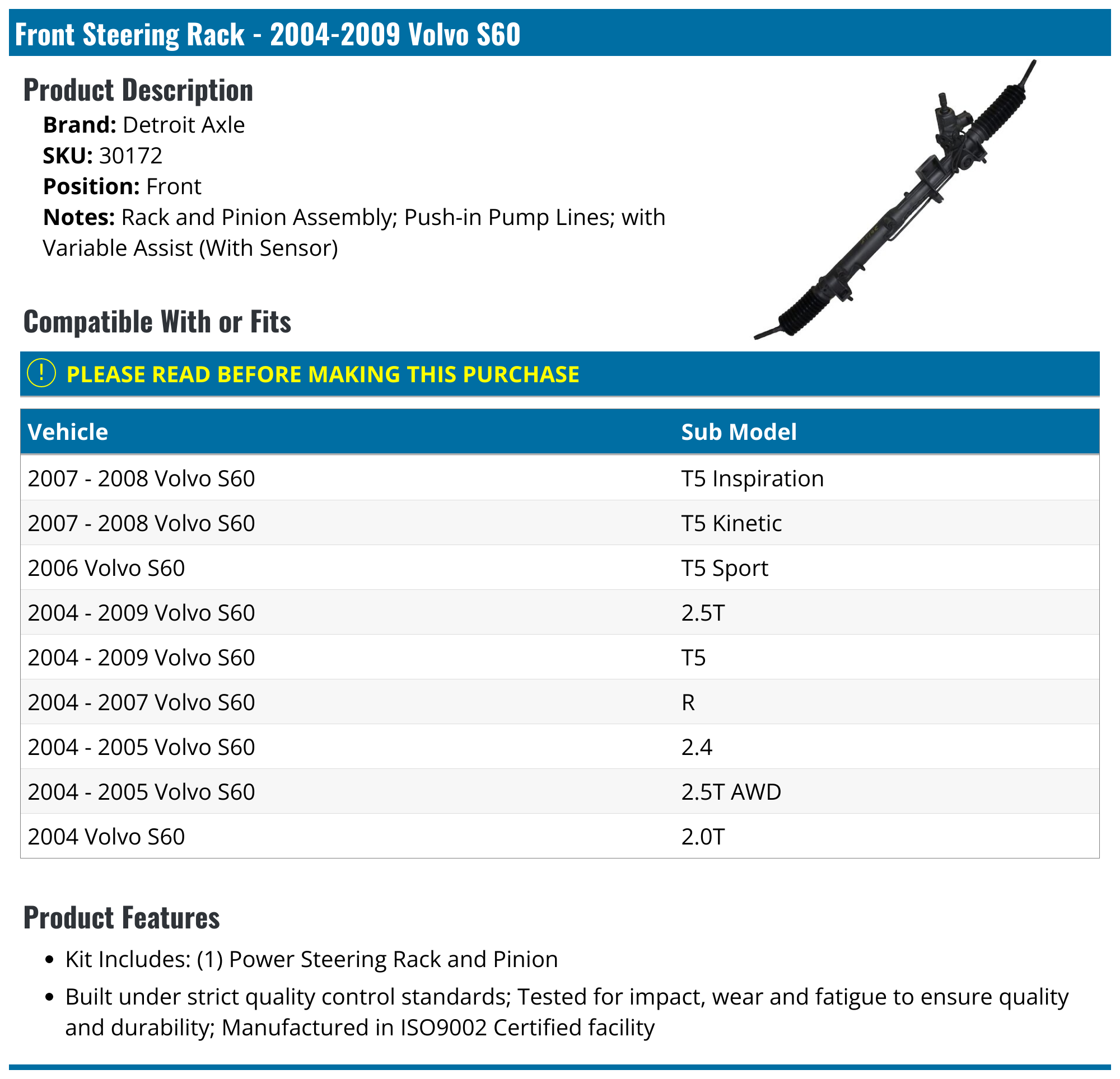 2004-2009 Volvo S60 Steering Rack - Detroit Axle 30172 - Front ...
