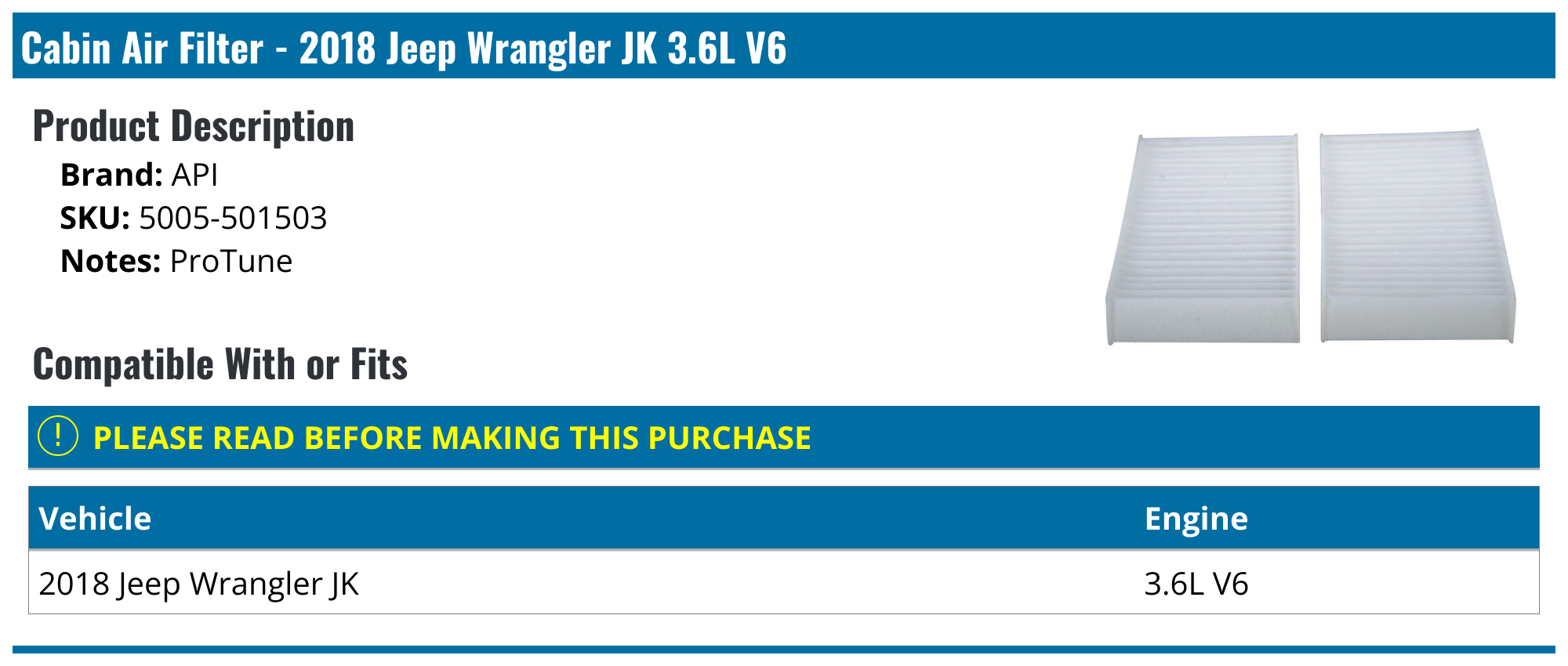 2018 Jeep Wrangler JK Cabin Air Filter - API 145504-07631749 ...