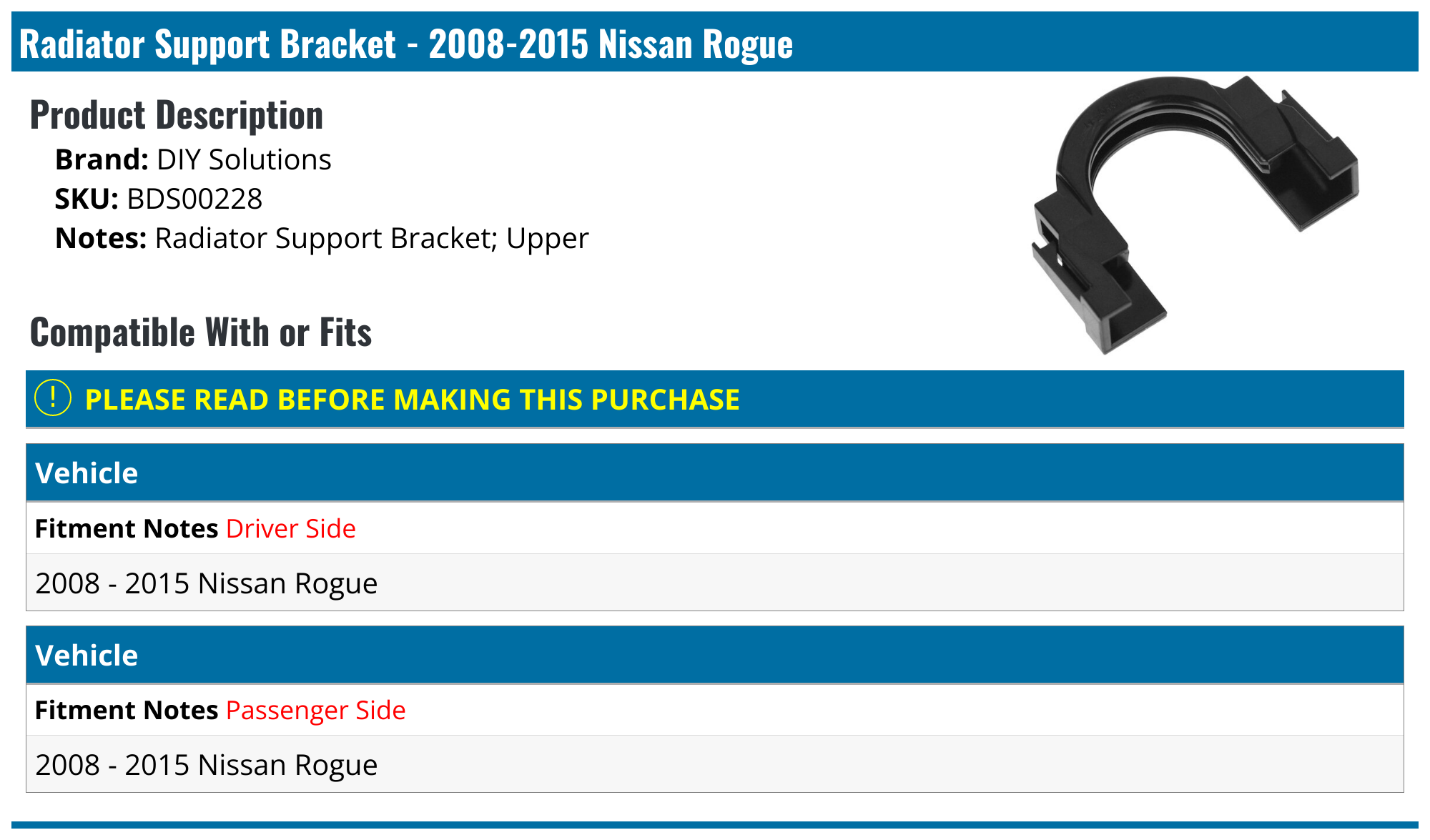 2008-2015 Nissan Rogue Radiator Support Bracket - DIY Solutions ...