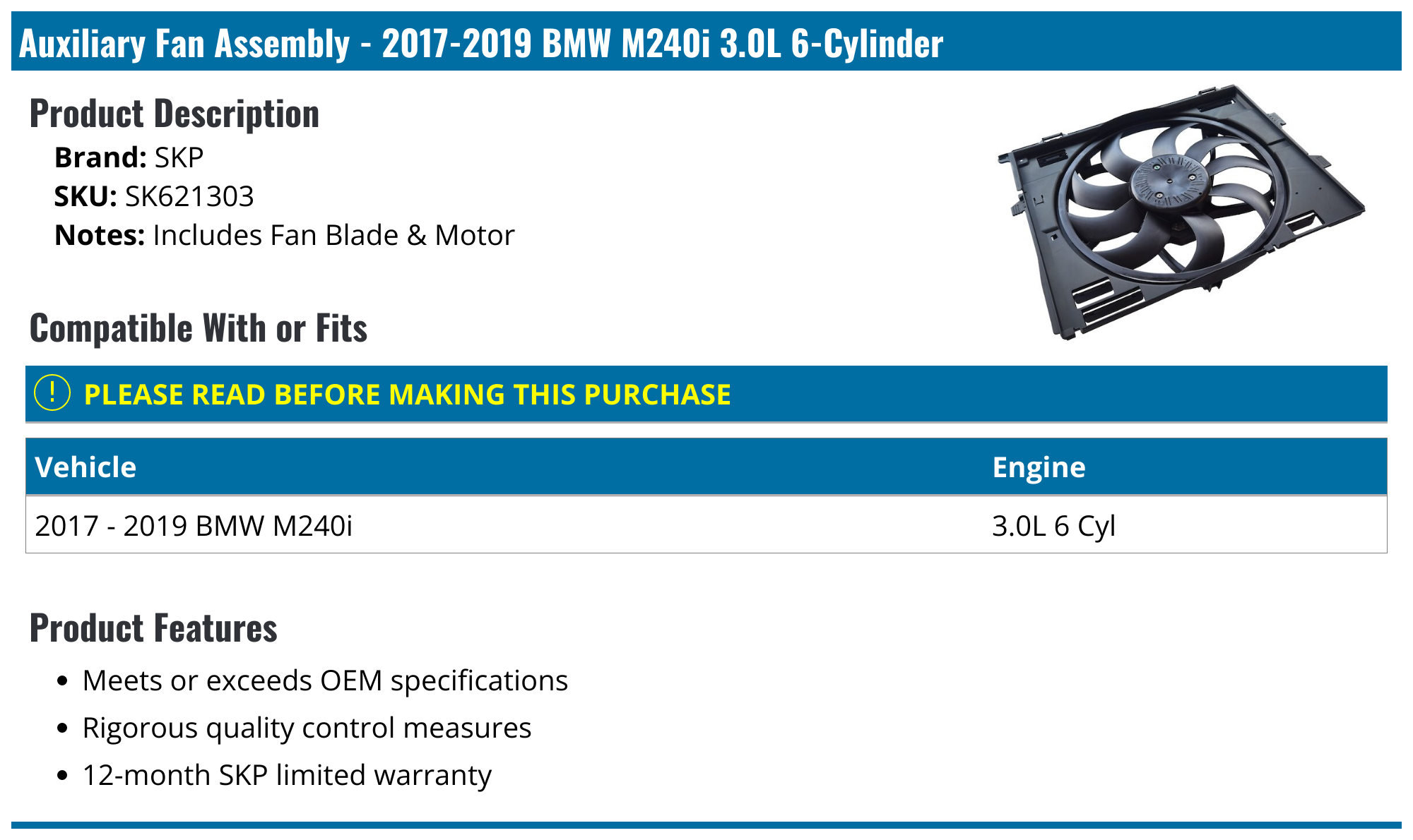 2017-2019 BMW M240i Radiator Fan Assembly - SKP SK621303 - PartsGeek.com