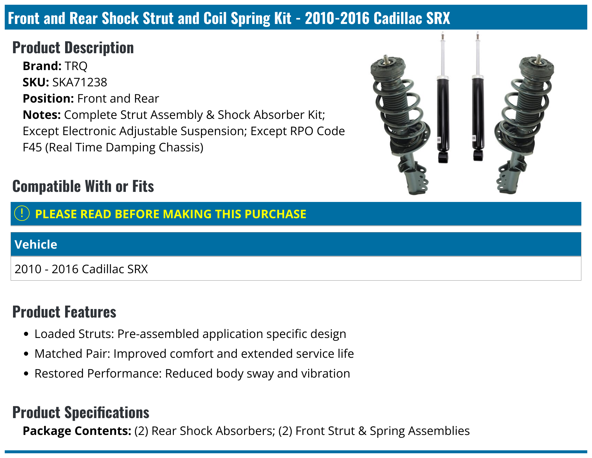 2010-2016 Cadillac SRX Shock Absorber - TRQ SKA71238 - Front and Rear ...