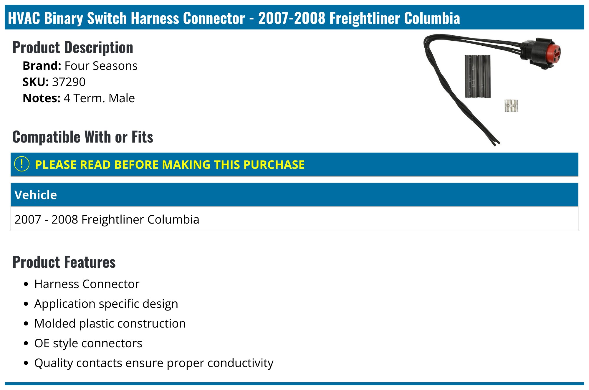 2007-2008 Freightliner Columbia HVAC Binary Switch Harness Connector ...