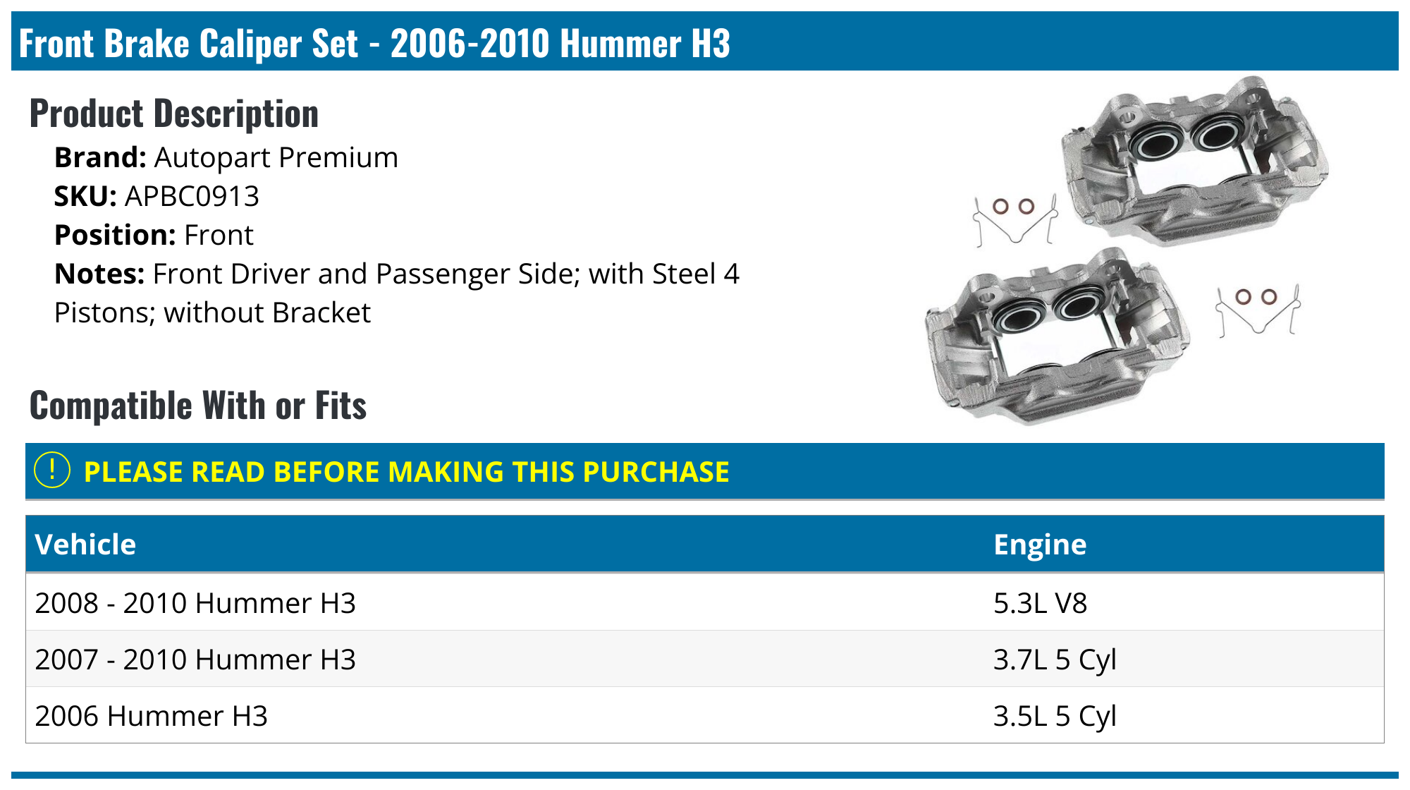 2006-2010 Hummer H3 Brake Caliper - Autopart Premium APBC0913 - Front ...