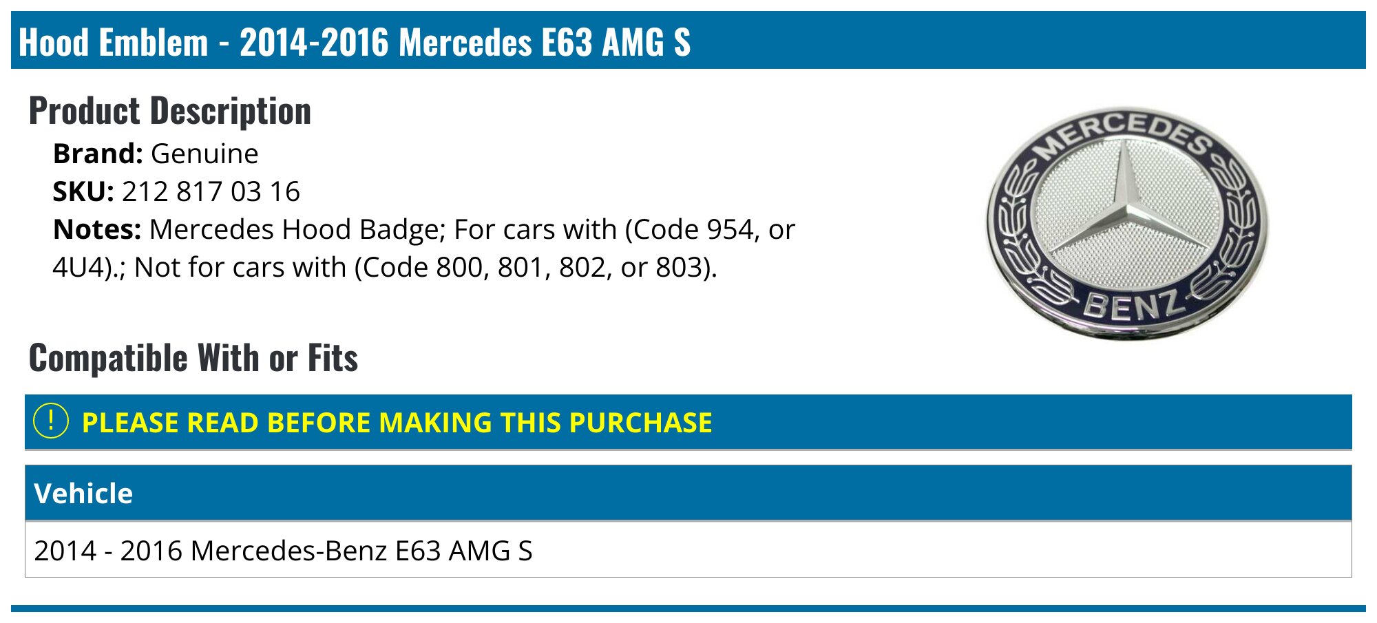 2014-2016 Mercedes E63 AMG S Hood Emblem - Genuine 212 817 03 16 ...