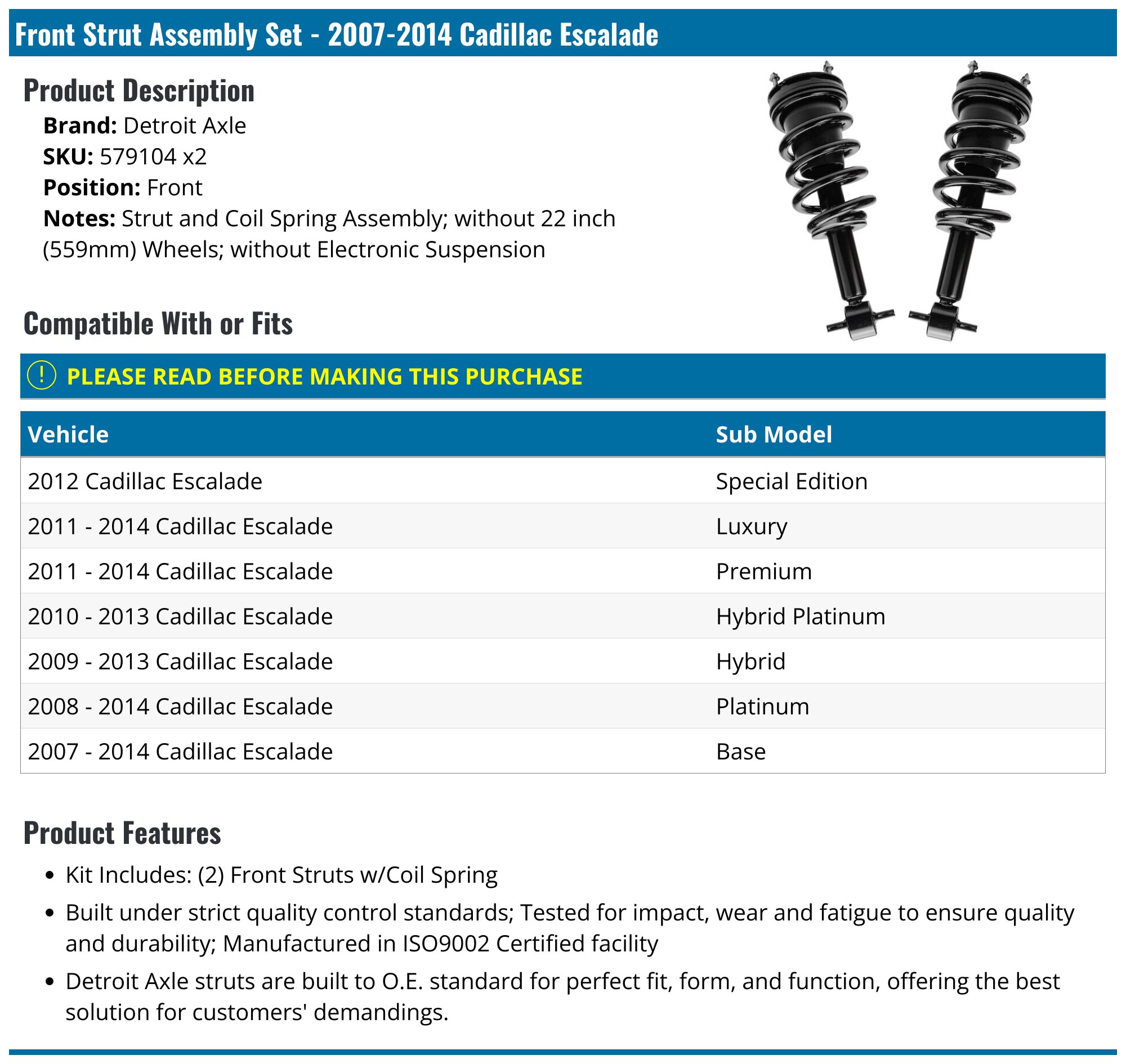 2007-2014 Cadillac Escalade Strut Assembly - Detroit Axle 579104 x2 ...
