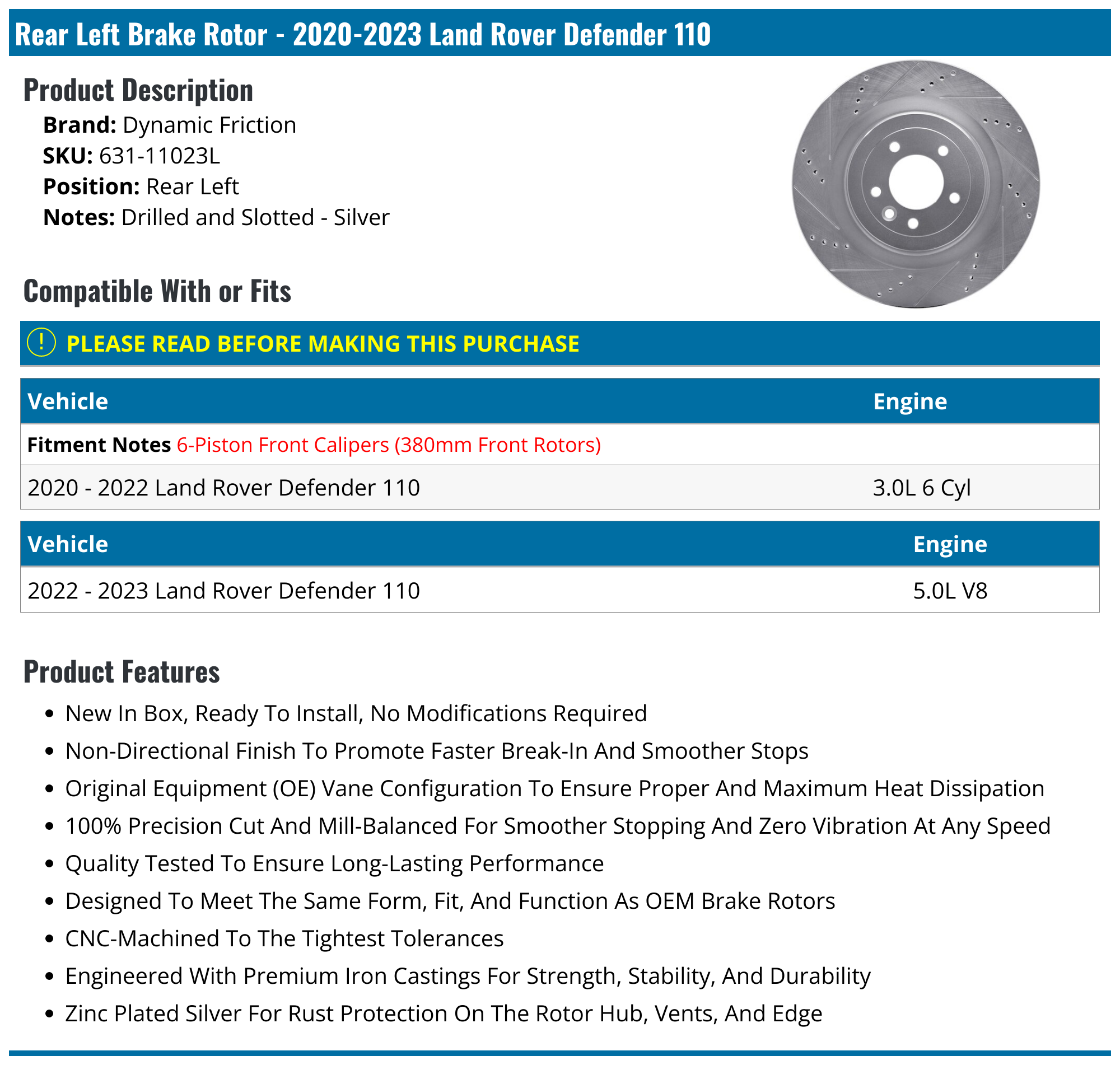 2020-2025 Land Rover Defender 110 Brake Rotor - Dynamic Friction 631 ...