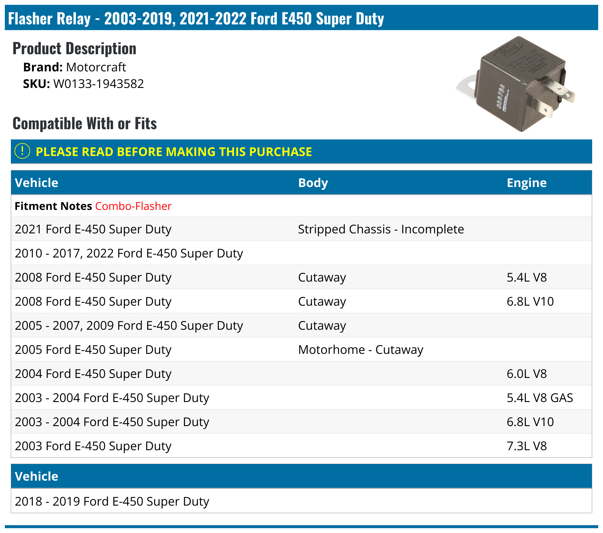2003-2019, 2021-2025 Ford E450 Super Duty Flasher Relay - Motorcraft ...