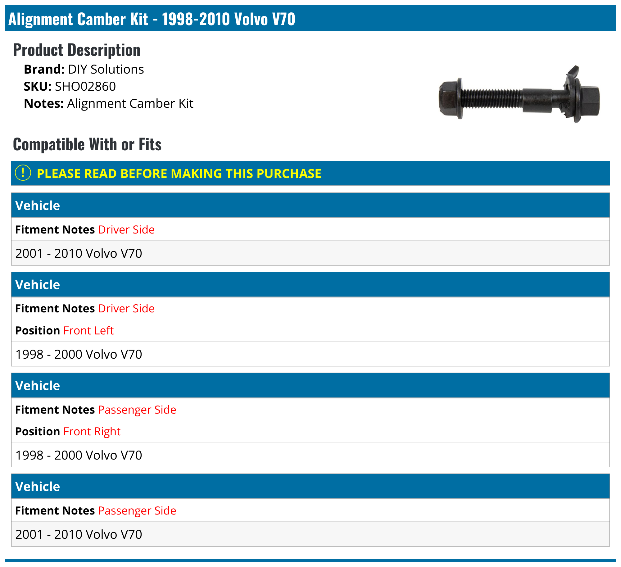 1998-2010 Volvo V70 Alignment Camber Kit - DIY Solutions SHO02860 ...