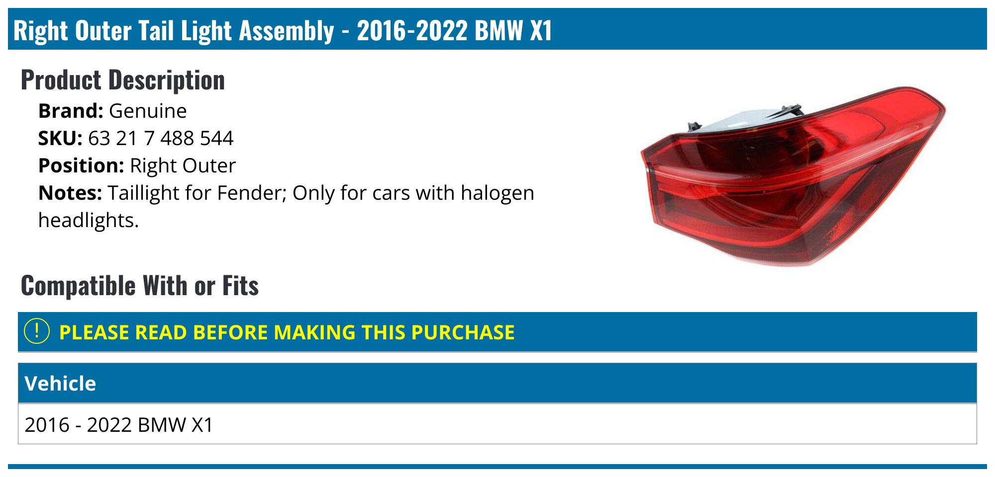 2016-2022 BMW X1 Tail Light Assembly - Genuine 63 21 7 488 544 - Right ...