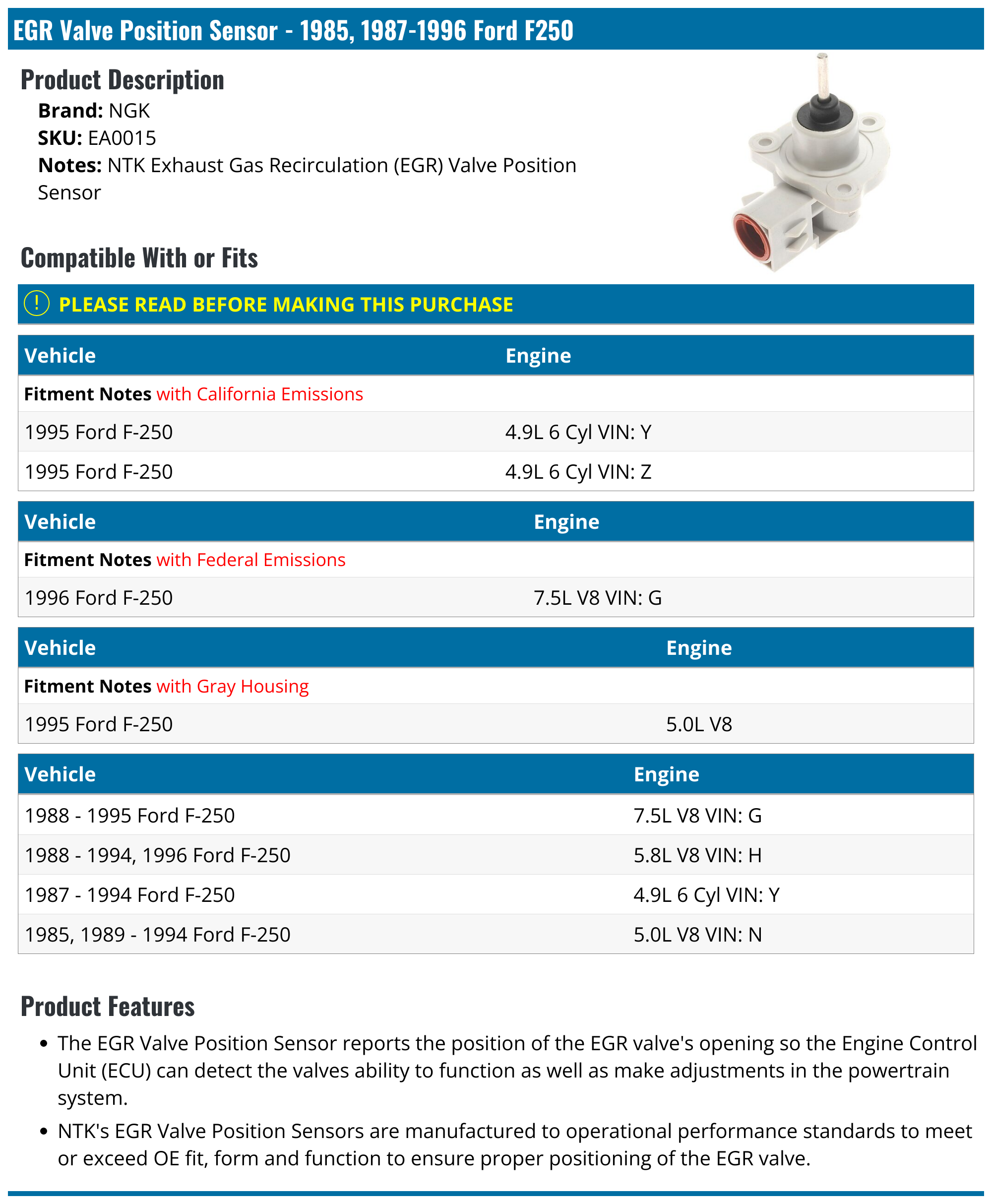 1985, 1987-1996 Ford F250 EGR Valve Position Sensor - NGK EA0015 ...