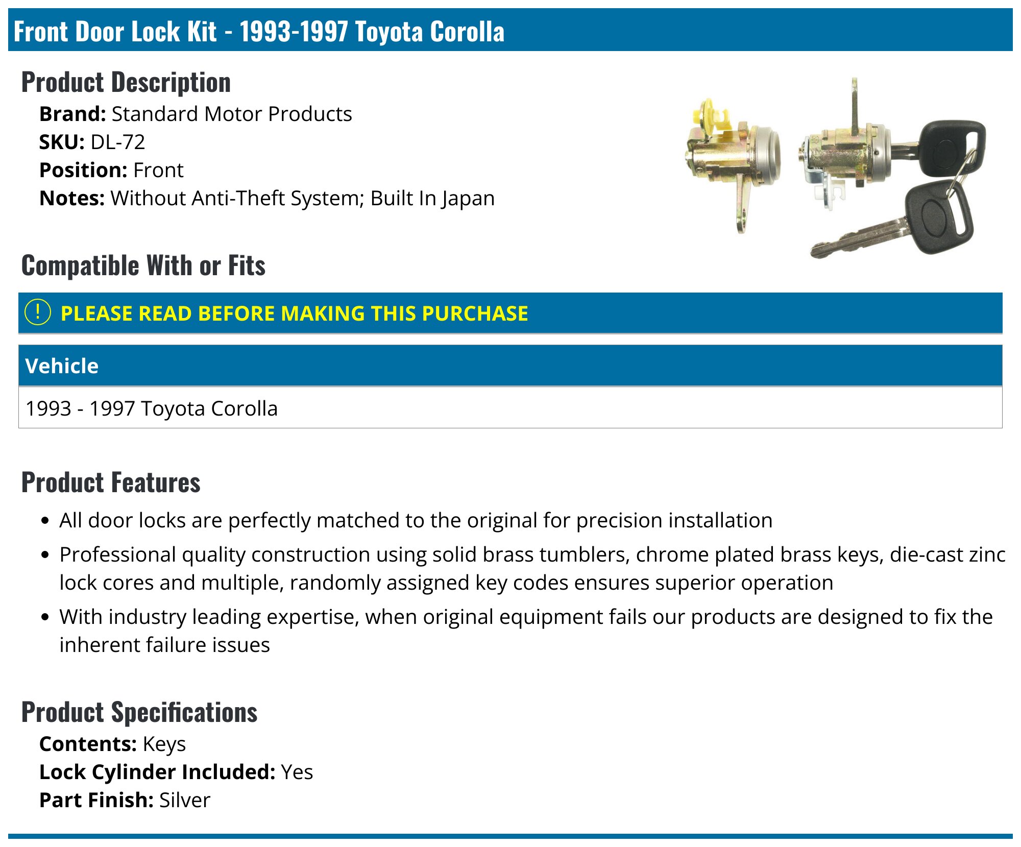 1993-1997 Toyota Corolla Door Lock Kit - Standard Motor Products DL-72 ...