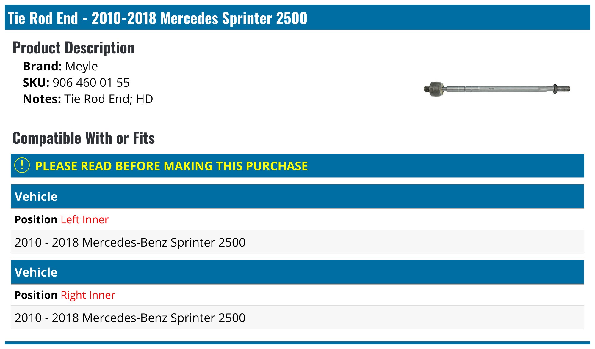 2010-2025 Mercedes Sprinter 2500 Tie Rod End - Meyle 906 460 01 55 ...