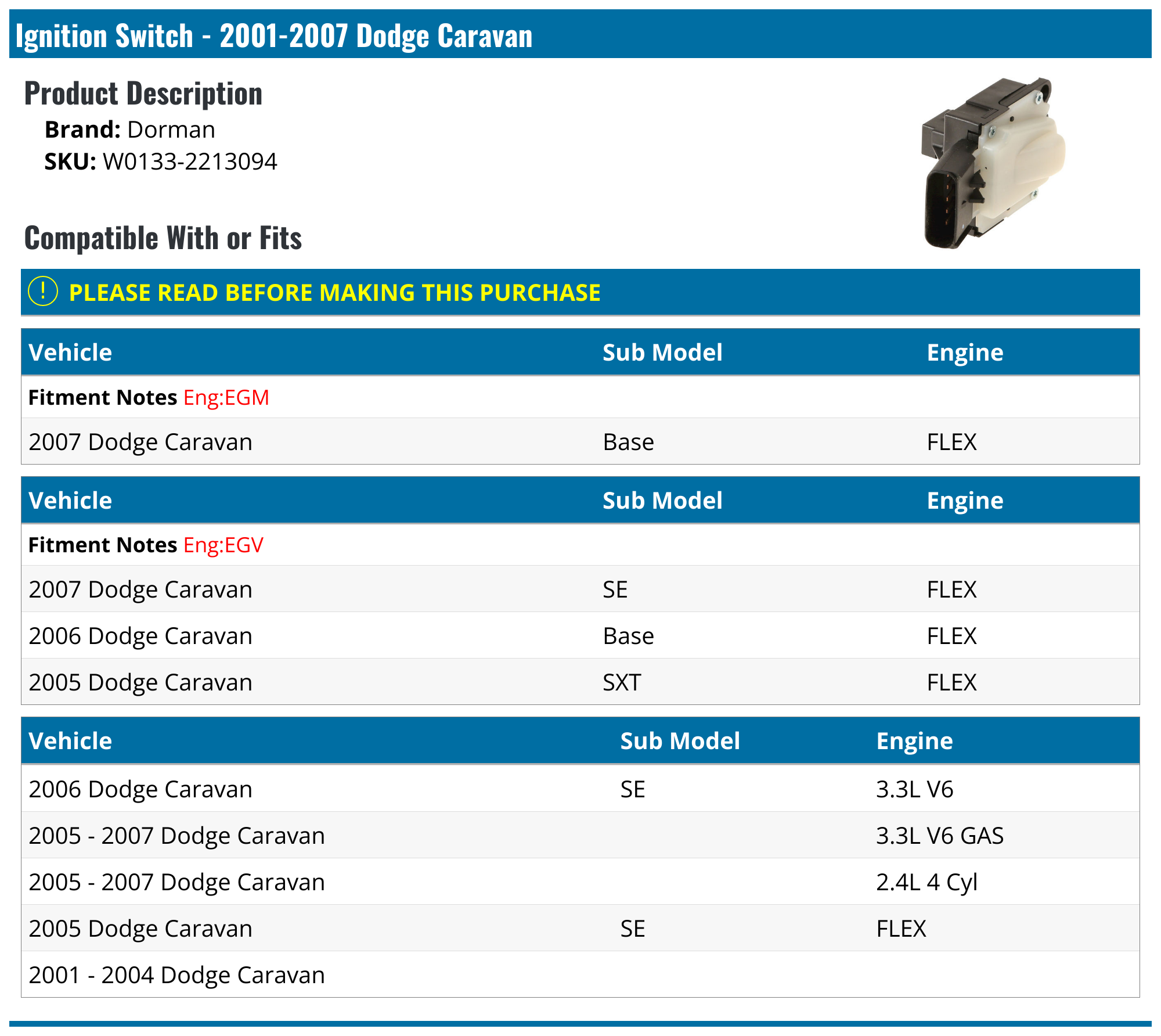 2001-2007 Dodge Caravan Ignition Switch - Dorman W0133-2213094 ...