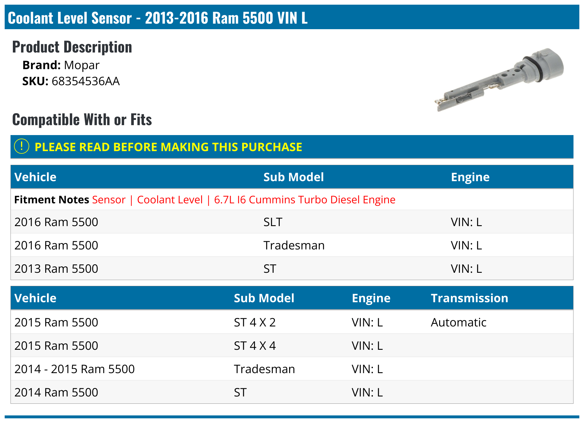 2013-2016 Ram 5500 Coolant Level Sensor - Mopar 68354536AA - PartsGeek.com
