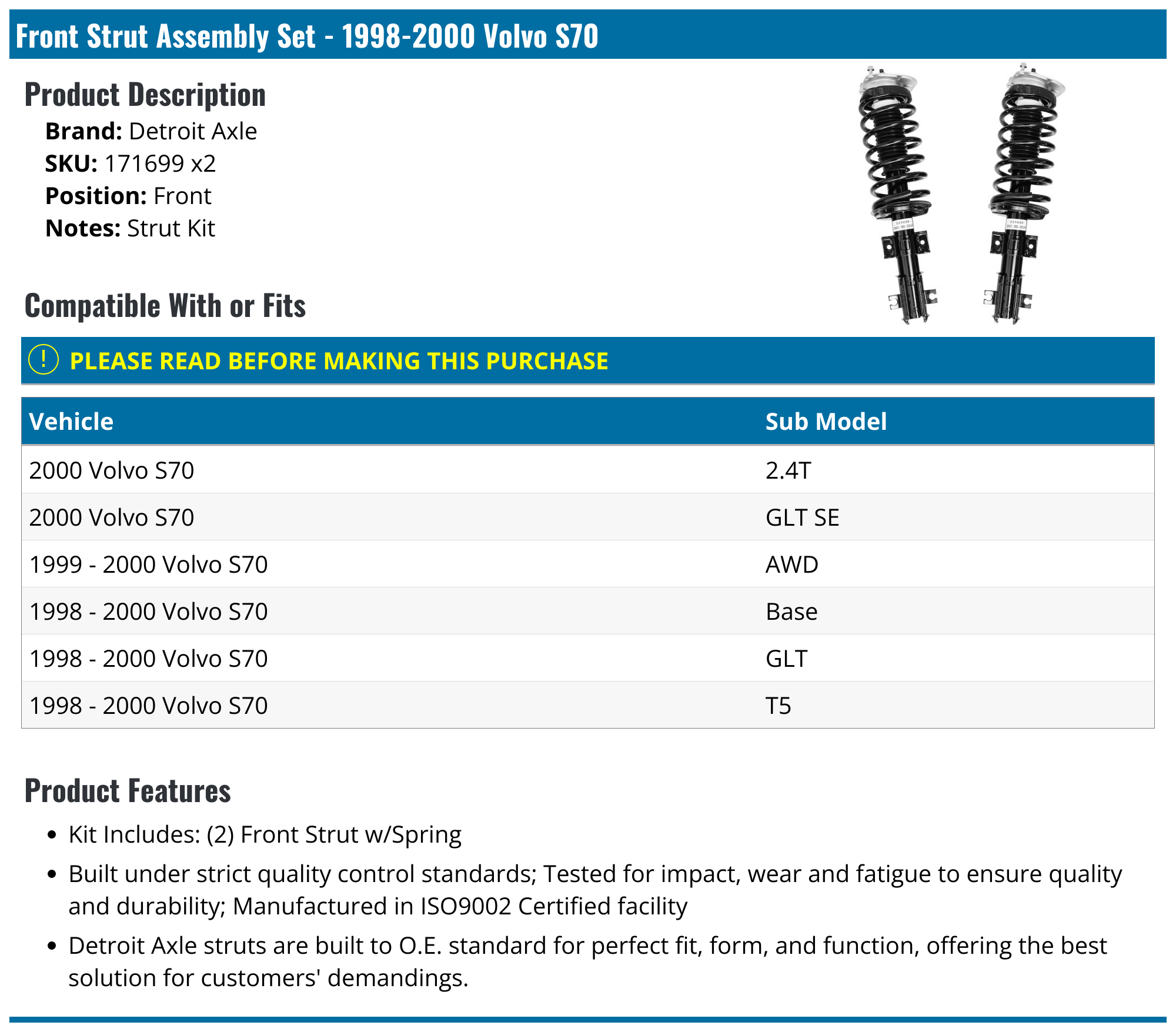1998-2000 Volvo S70 Strut Assembly - Detroit Axle 171699 x2 - Front ...