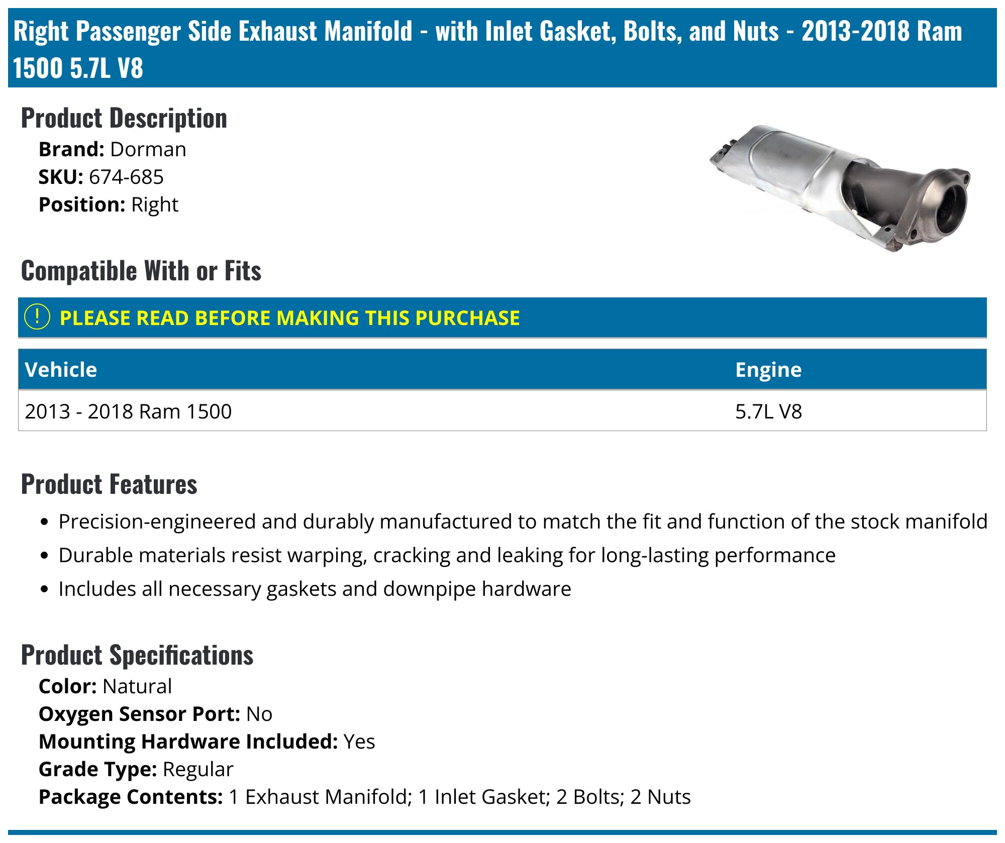 2013-2018 Ram 1500 Exhaust Manifold - Dorman 674-685 - Right ...