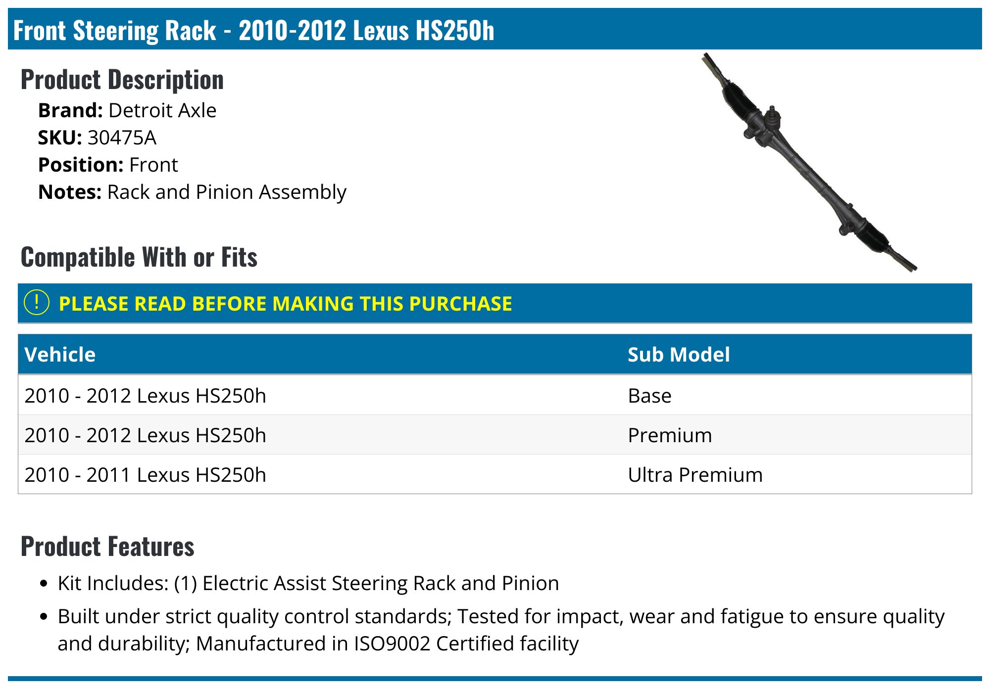 2010-2012 Lexus HS250h Steering Rack - Detroit Axle 30475A - Front ...