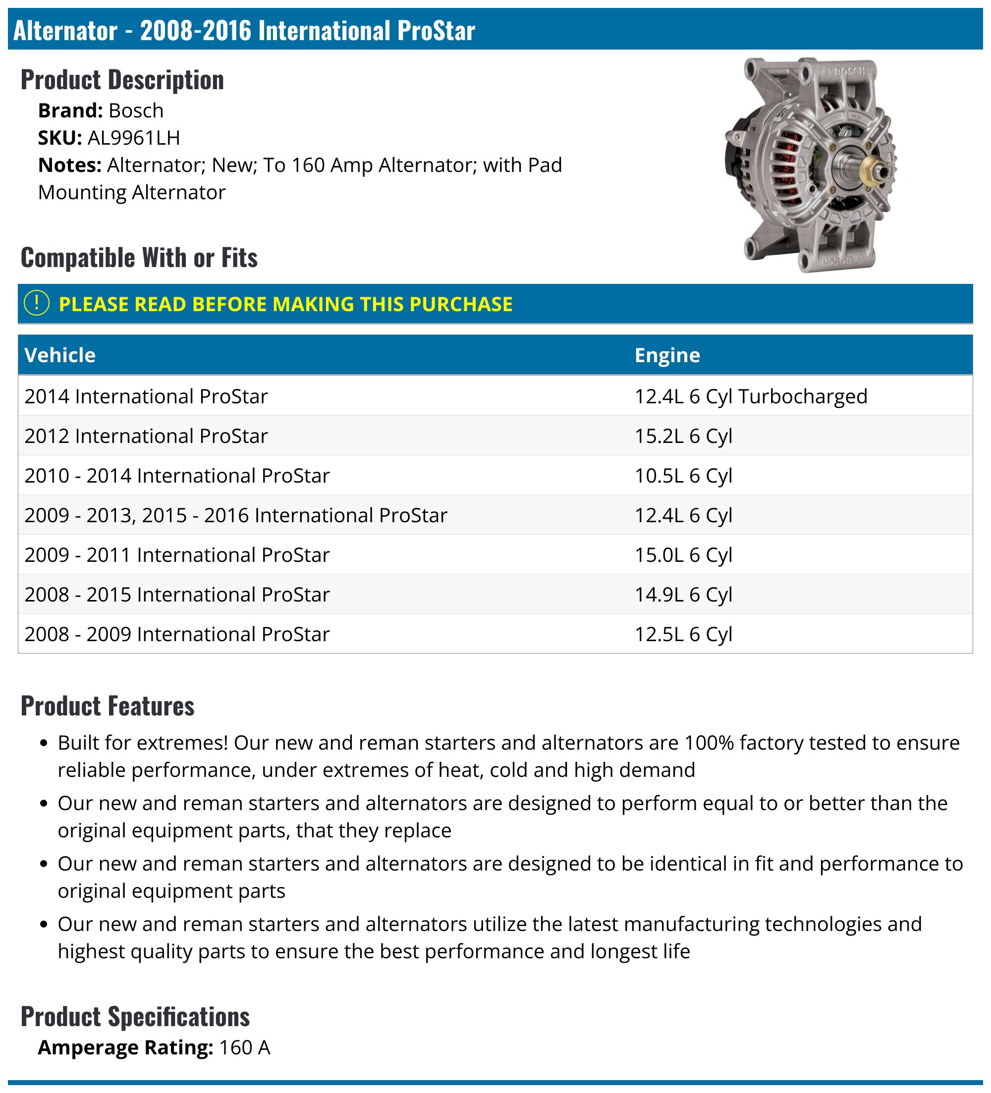 2008-2016 International ProStar Alternator - Bosch AL9961LH - PartsGeek.com