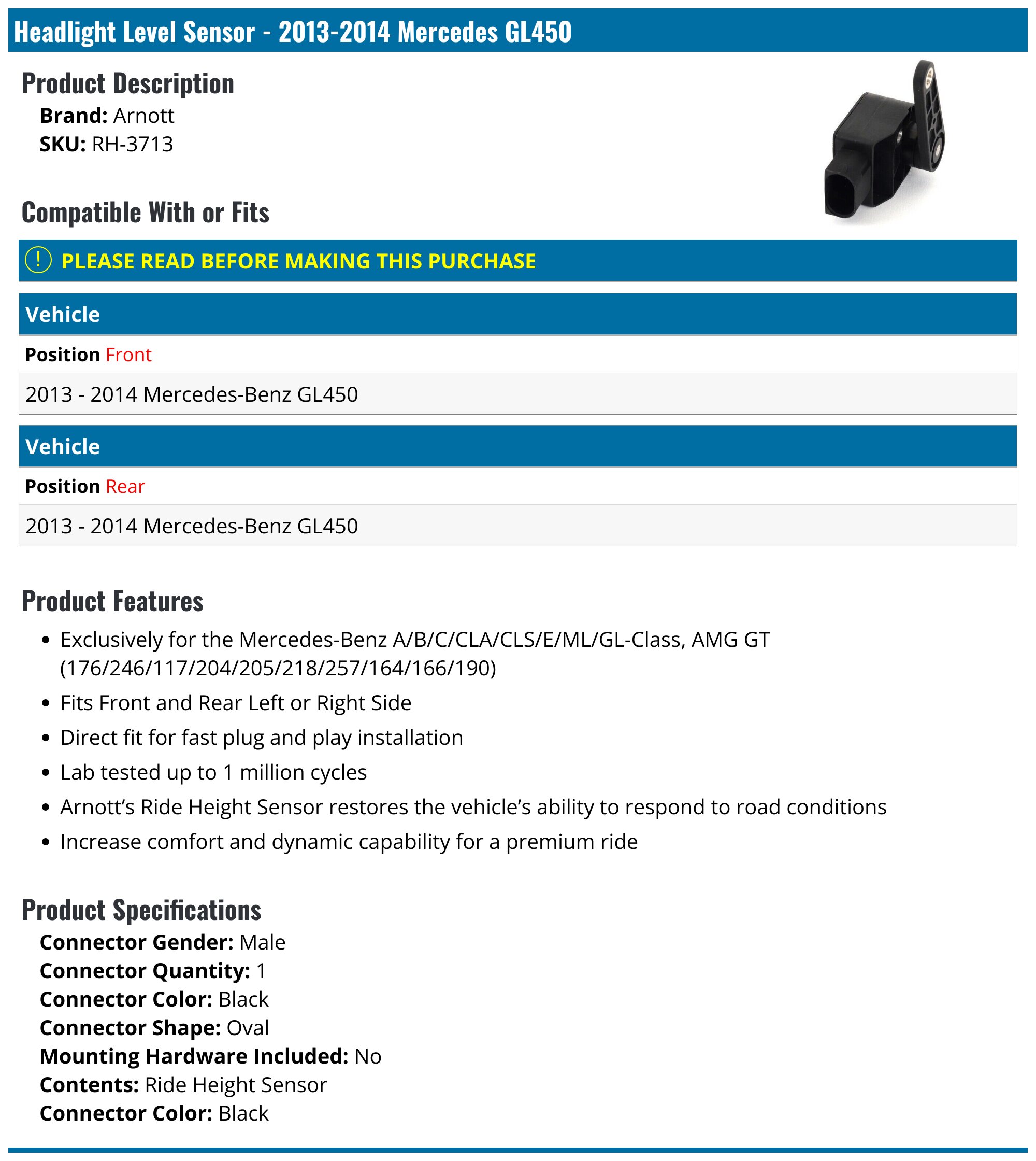 2013-2014 Mercedes GL450 Headlight Level Sensor - Arnott RH-3713 ...