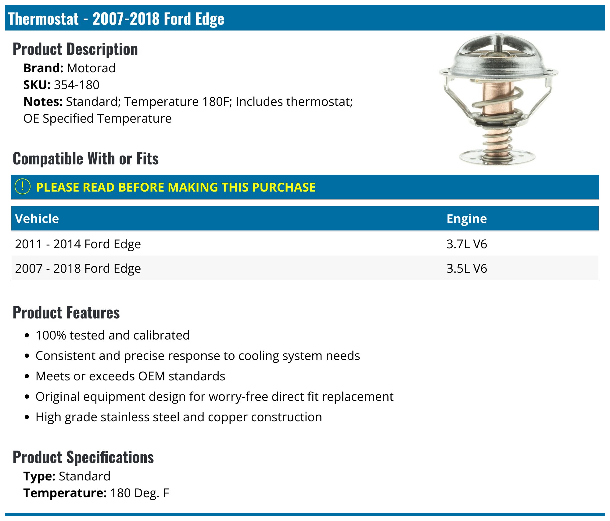 2007-2018 Ford Edge Thermostat - Motorad 354-180 - - PartsGeek.com