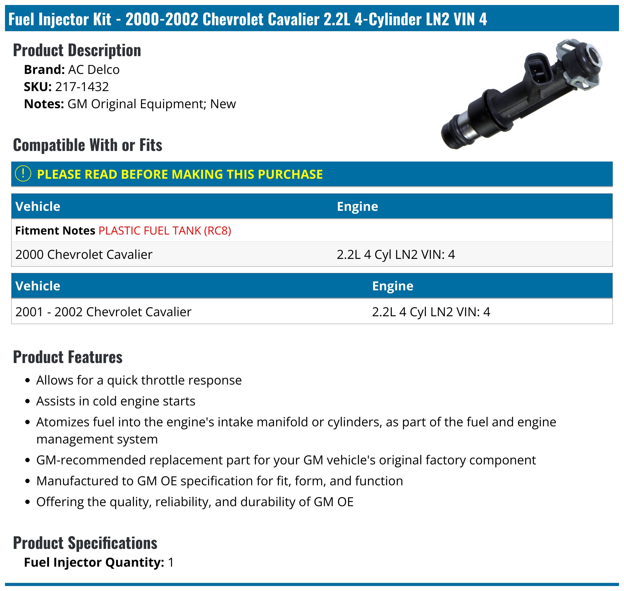 2000-2002 Chevrolet Cavalier Fuel Injector - AC Delco 217-1432 ...