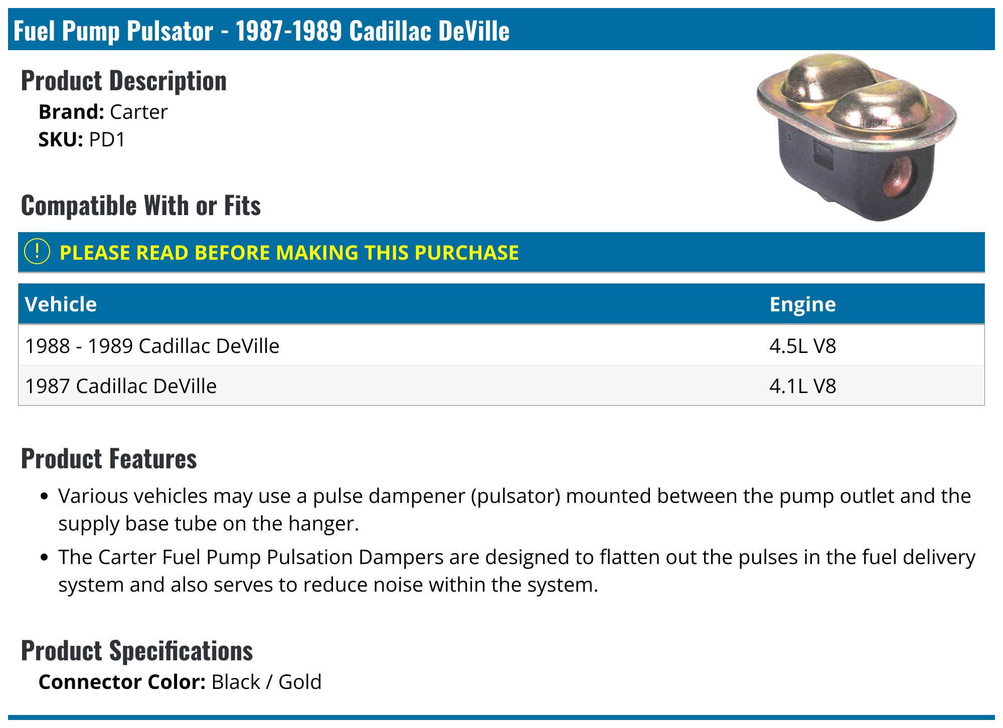 1987-1989 Cadillac DeVille Fuel Pump Pulsator - Carter PD1 - PartsGeek.com