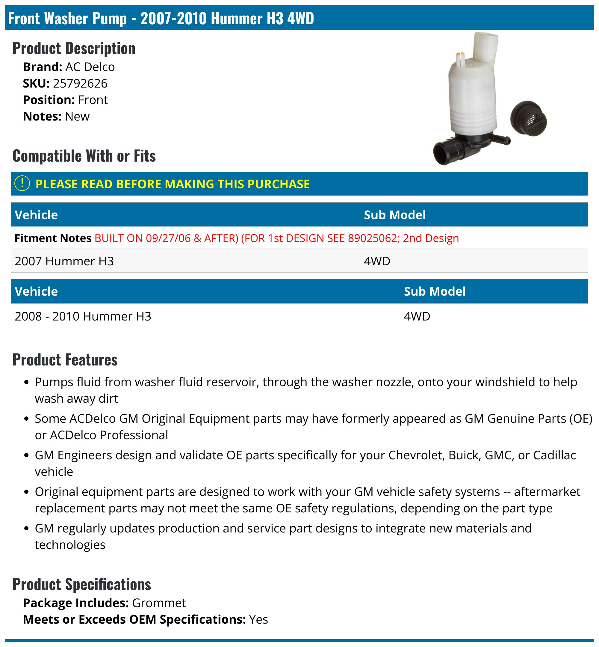 2007-2010 Hummer H3 Washer Pump - AC Delco 25792626 - Front - PartsGeek.com