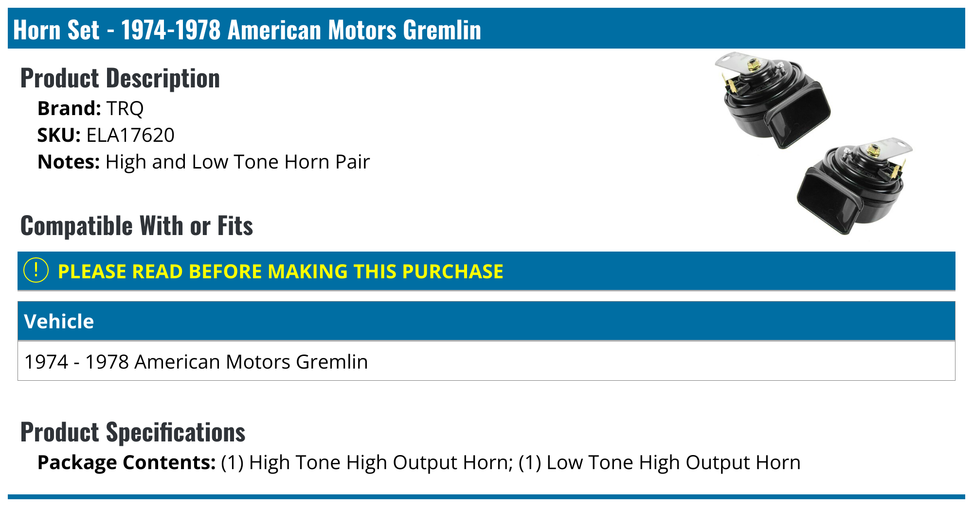 1974-1978 American Motors Gremlin Horn - TRQ ELA17620 - PartsGeek.com