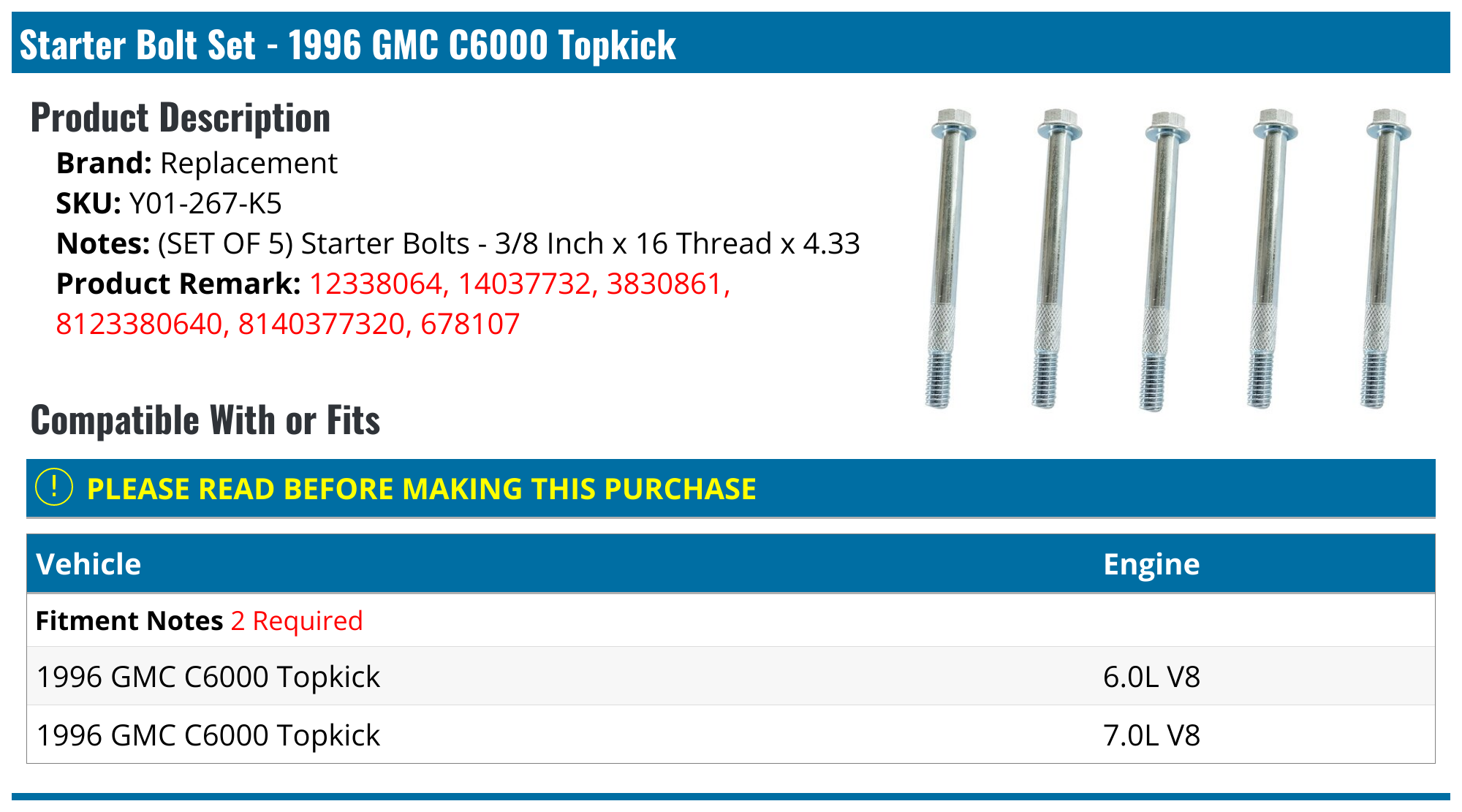1996 GMC C6000 Topkick Starter Bolt - Replacement Y01-267-K5 ...
