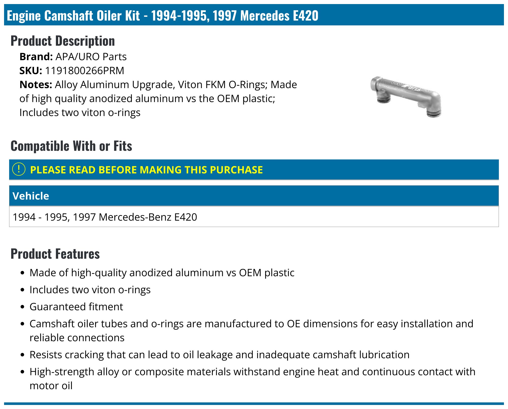 1994-1995, 1997 Mercedes E420 Engine Camshaft Oiler Kit - APA/URO Parts ...
