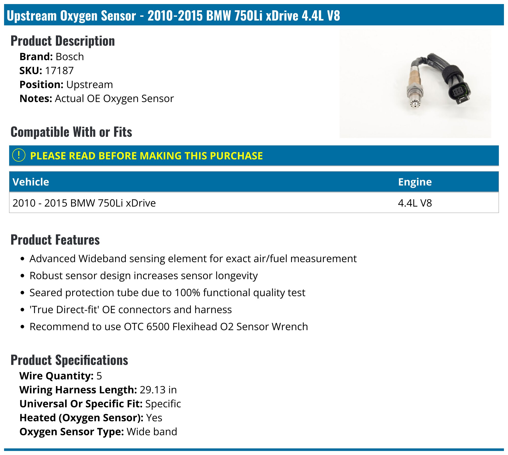 2010-2015 BMW 750Li xDrive Oxygen Sensor - Bosch 17187 - Upstream ...