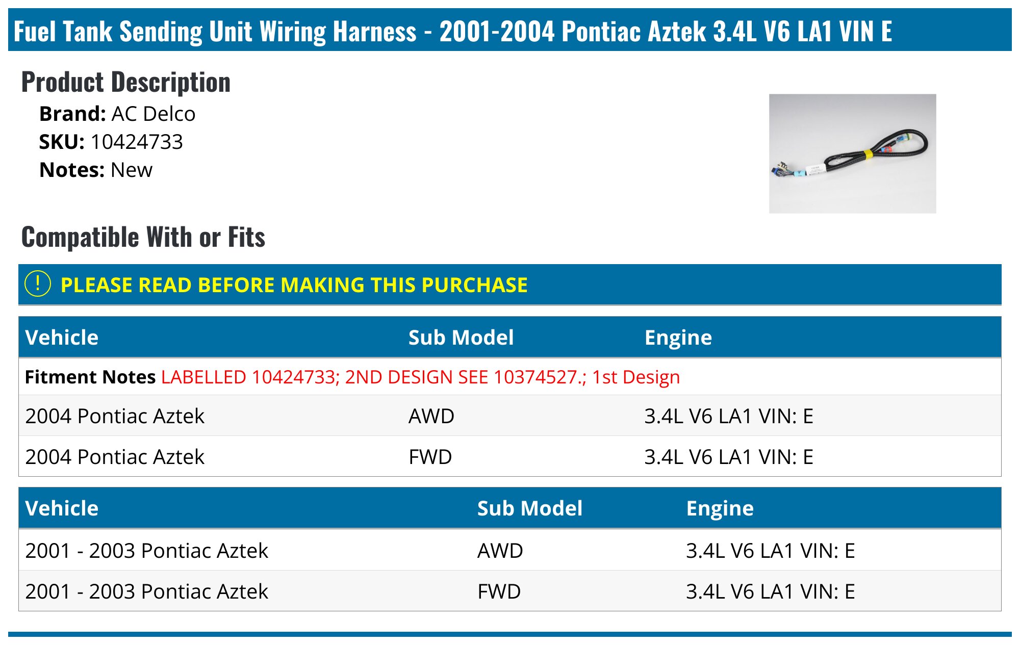 2001-2004 Pontiac Aztek Fuel Tank Sending Unit Wiring Harness - AC ...