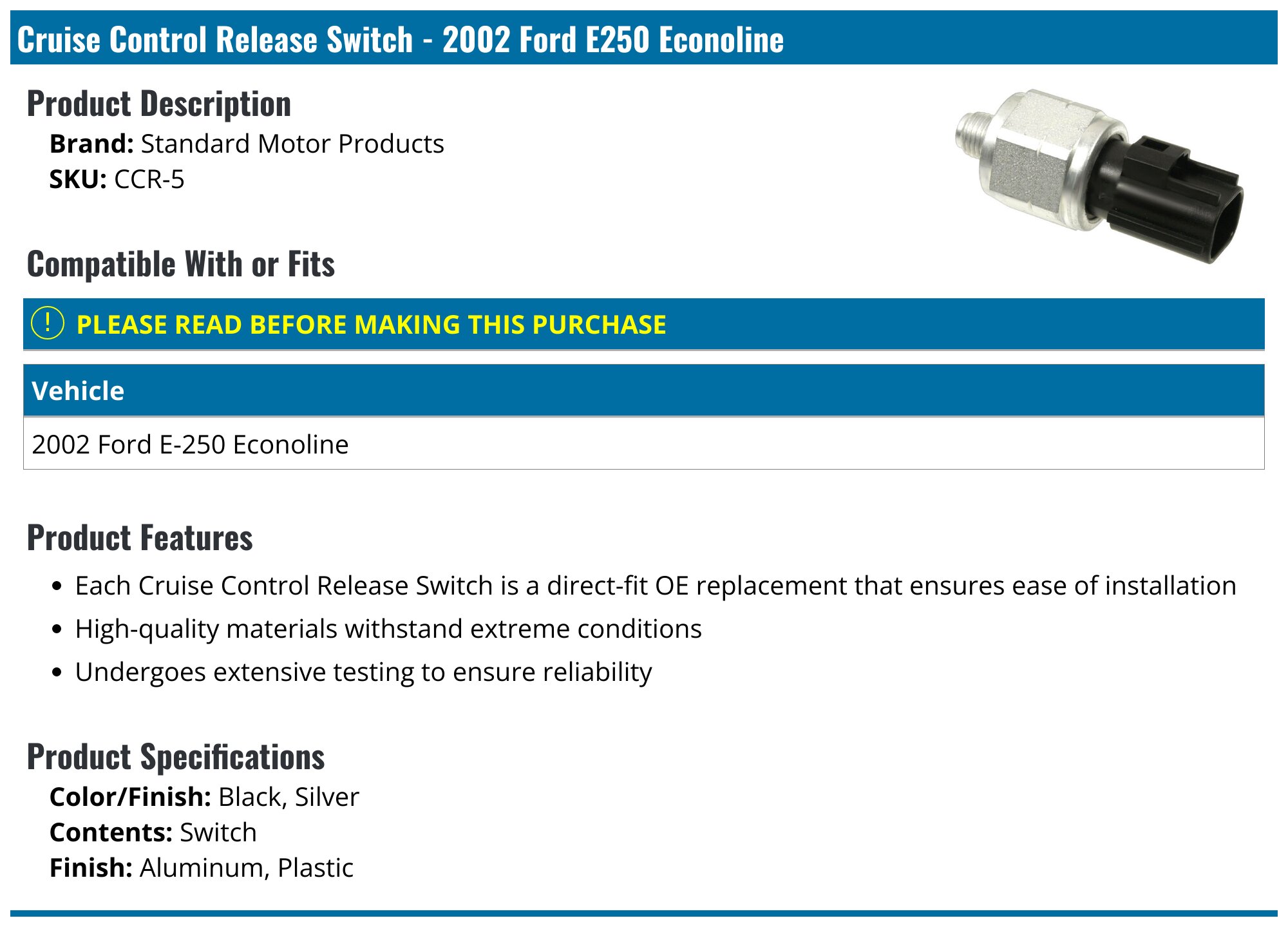 2002 Ford E250 Econoline Cruise Control Release Switch - Standard Motor ...