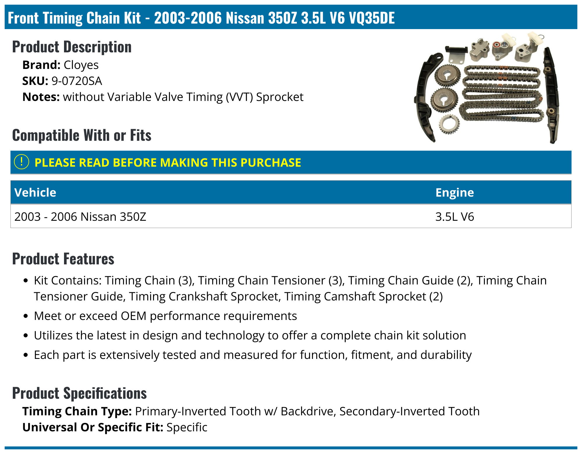 2003-2006 Nissan 350Z Timing Chain - Cloyes 9-0720SA - PartsGeek.com