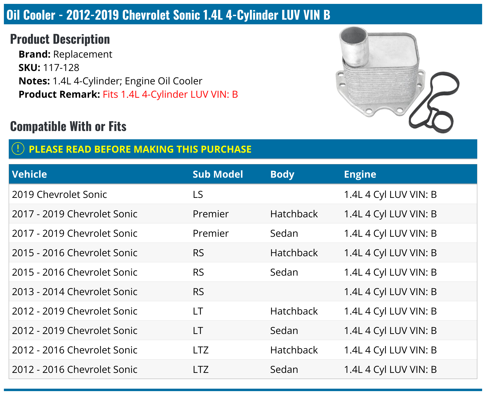 2012-2019 Chevrolet Sonic Oil Cooler - Replacement 117-128 - PartsGeek.com