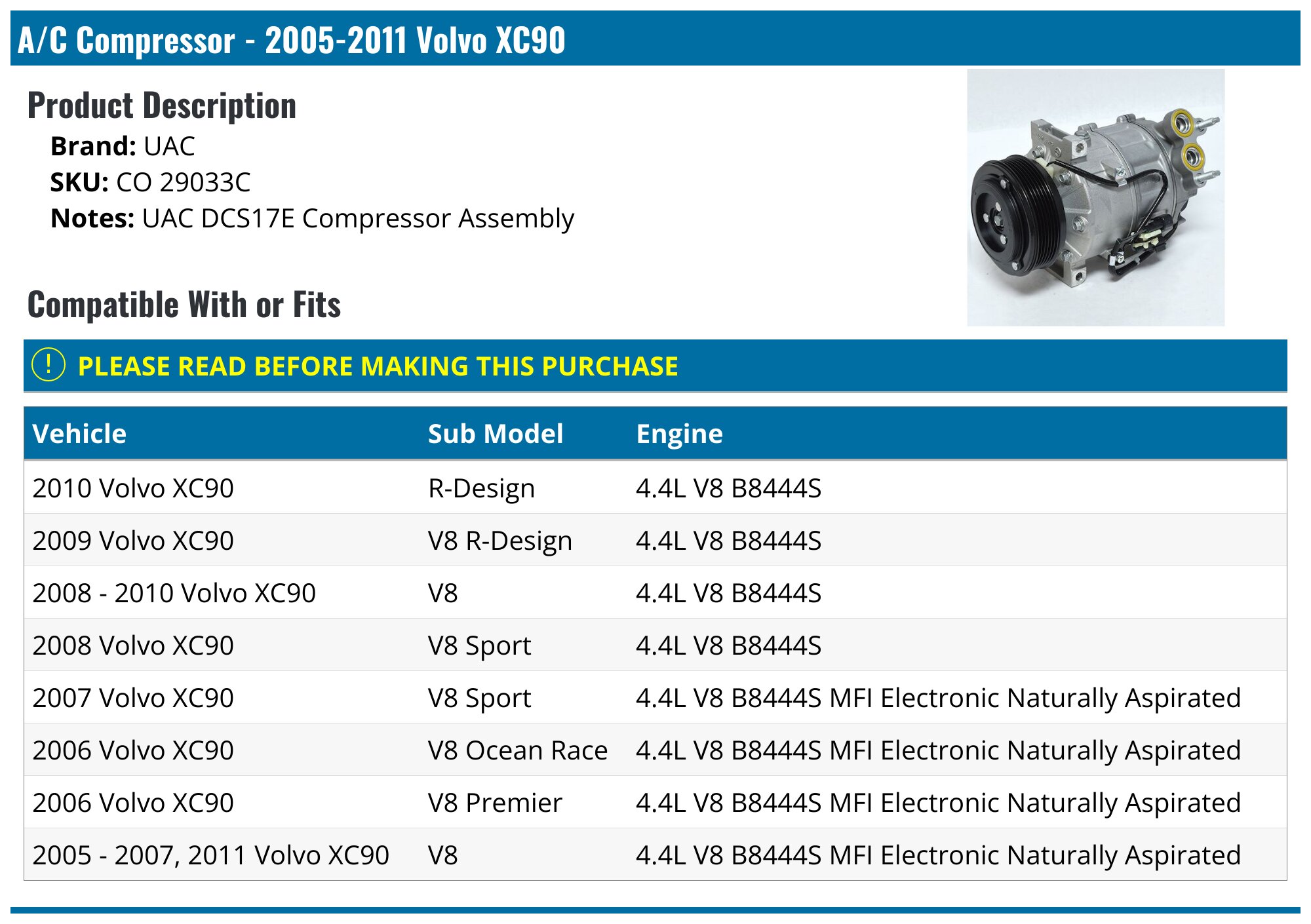 2005-2011 Volvo XC90 A/C Compressor - UAC CO 29033C - PartsGeek.com